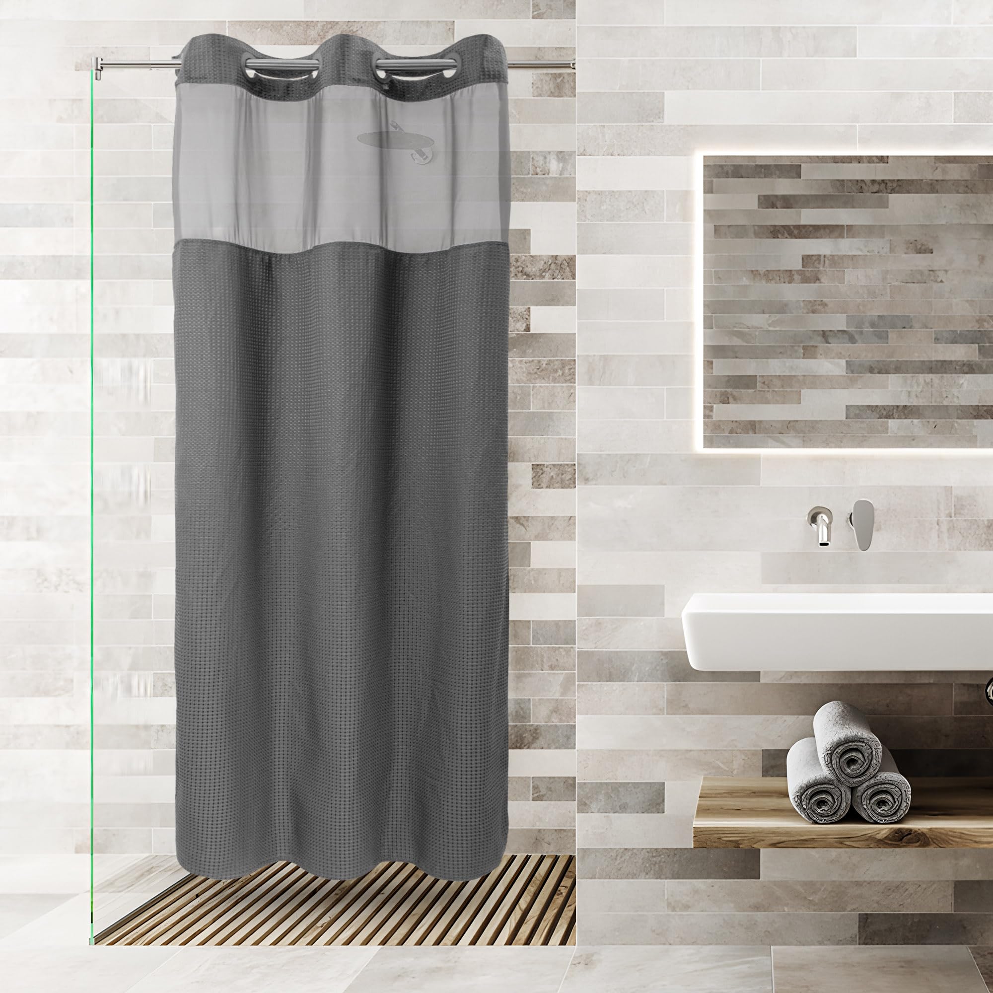 Amazon.com: Stall No Hooks Required Waffle Weave Shower Curtain with ...