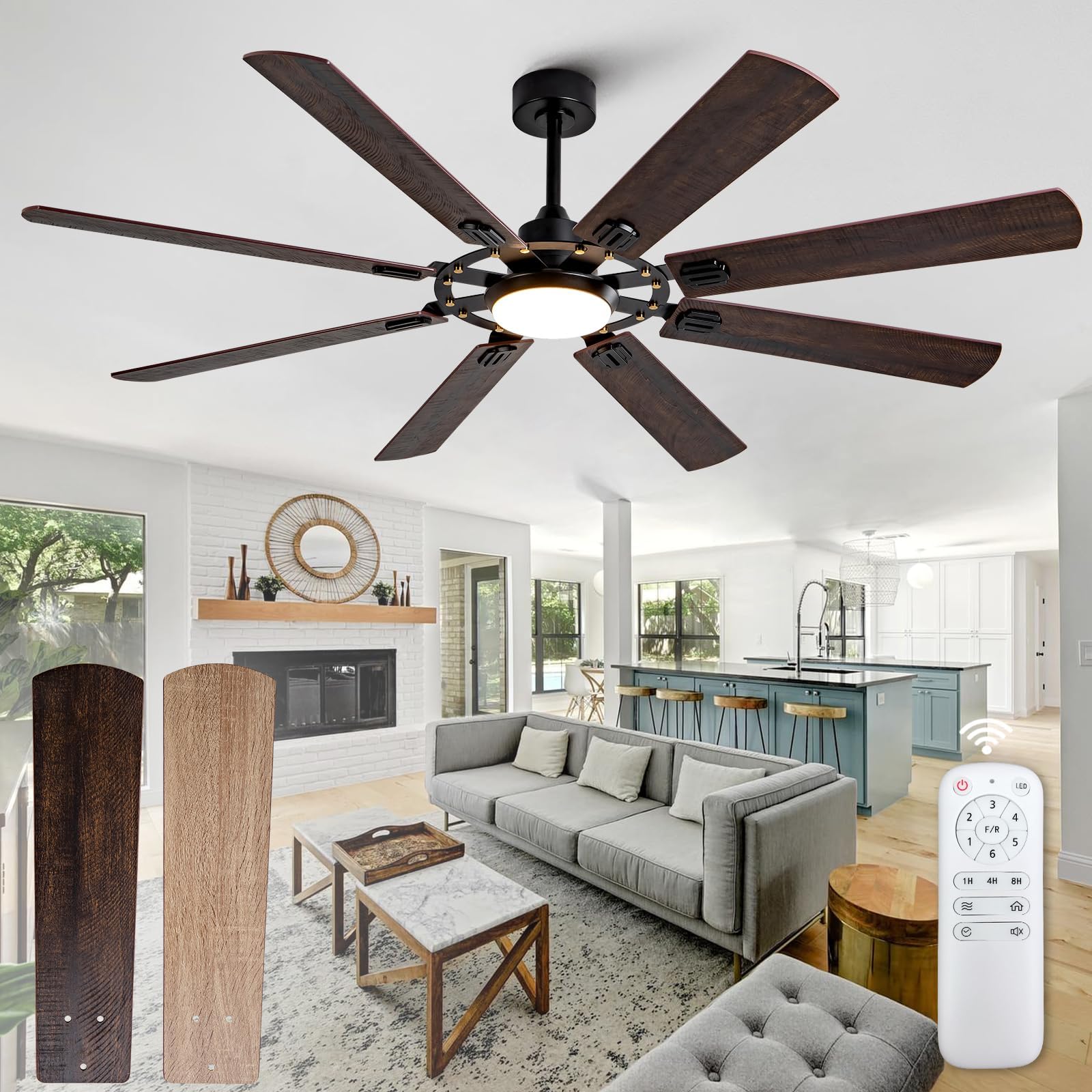 FXZZ 72 inch Ceiling Fans with Lights and Remote,8 Blades Black Ceiling ...