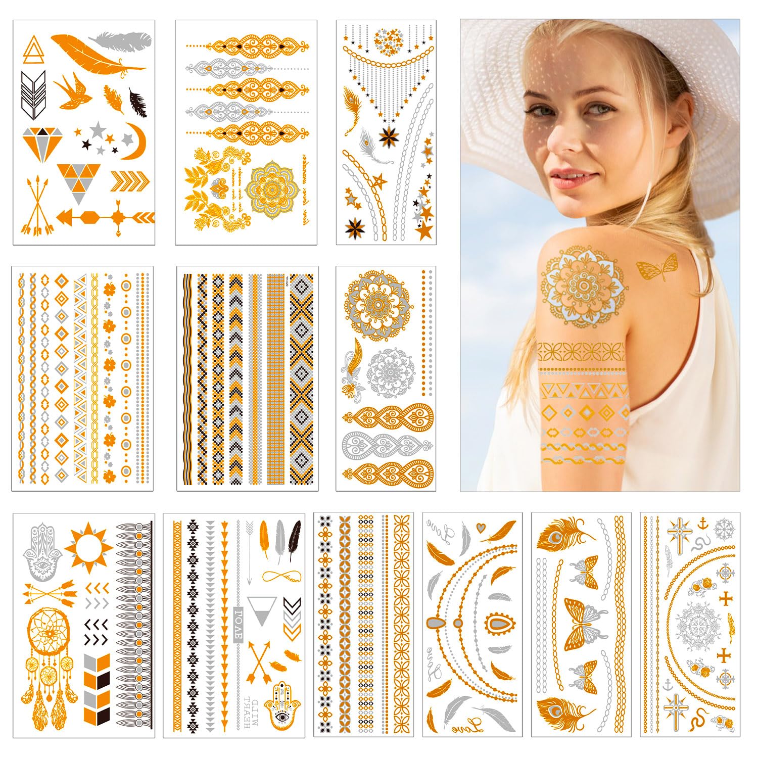 Temporary Tattoos 12 Sheets Gold Tattoos for Women Adults and Girls ...