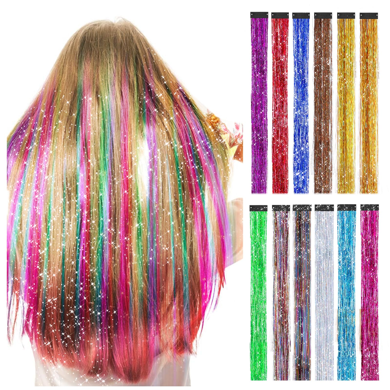 Amazon.com : 12 Colors Highlight Glitter Tinsel Hair Extensions Clip In ...