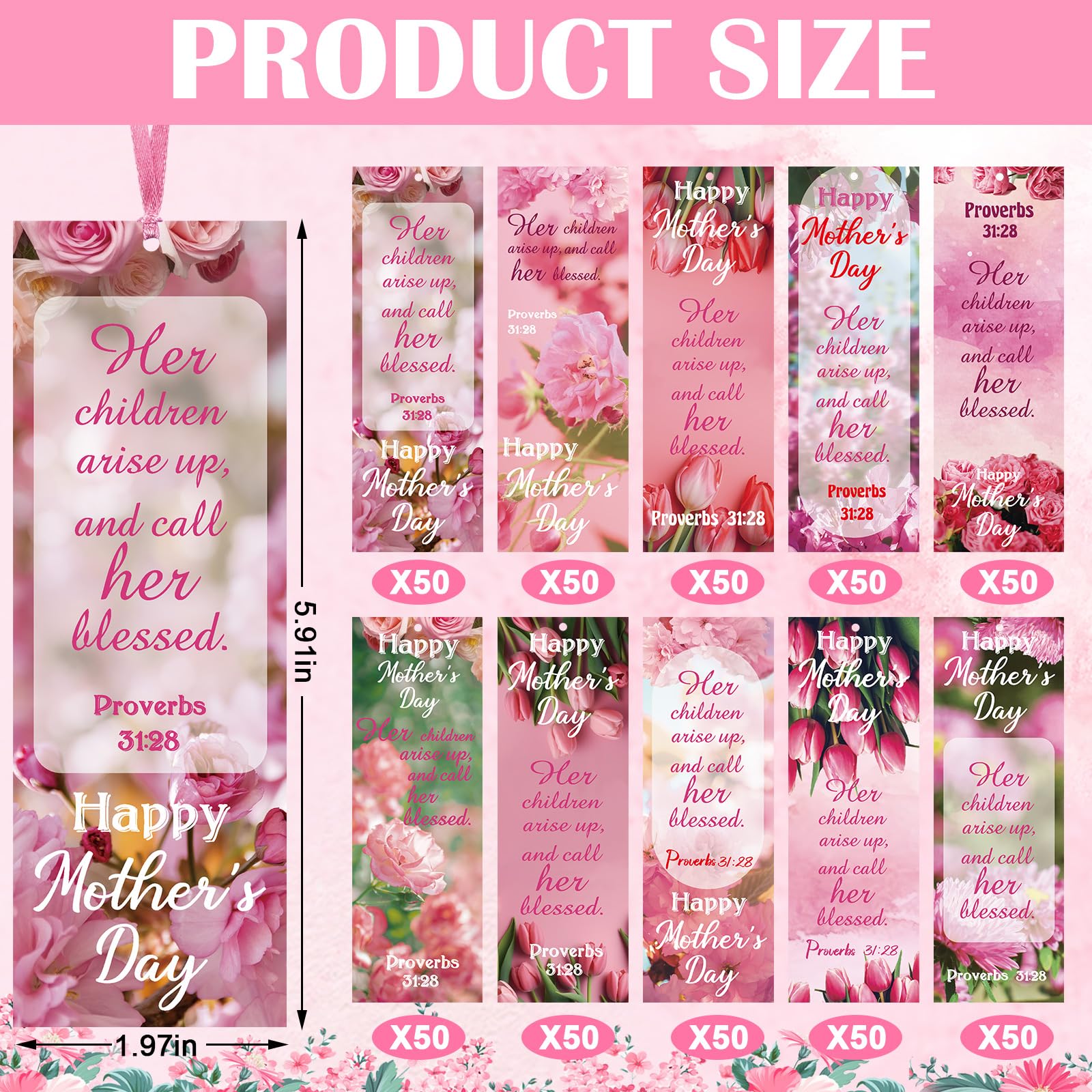 Snapklik.com : 500 Pcs Mothers Day Bookmarks Bulk Pink Flowers Happy ...