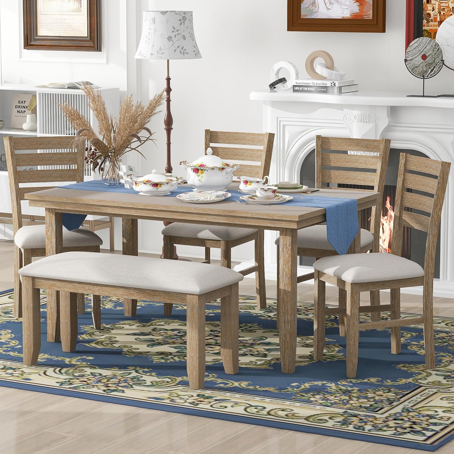 Amazon.com - 6-Piece Dining Table Set with Bench for 6 Rectangular ...