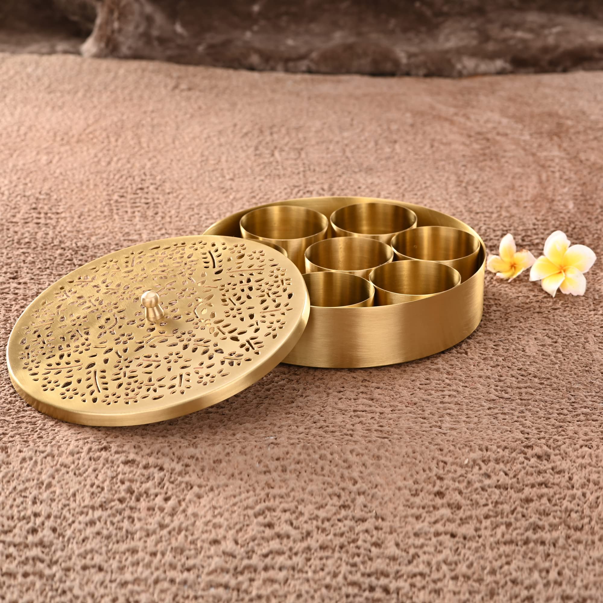 Buy Acewood Brass Spice Box Set For Kitchen With Spoon Brass Masala Box ...