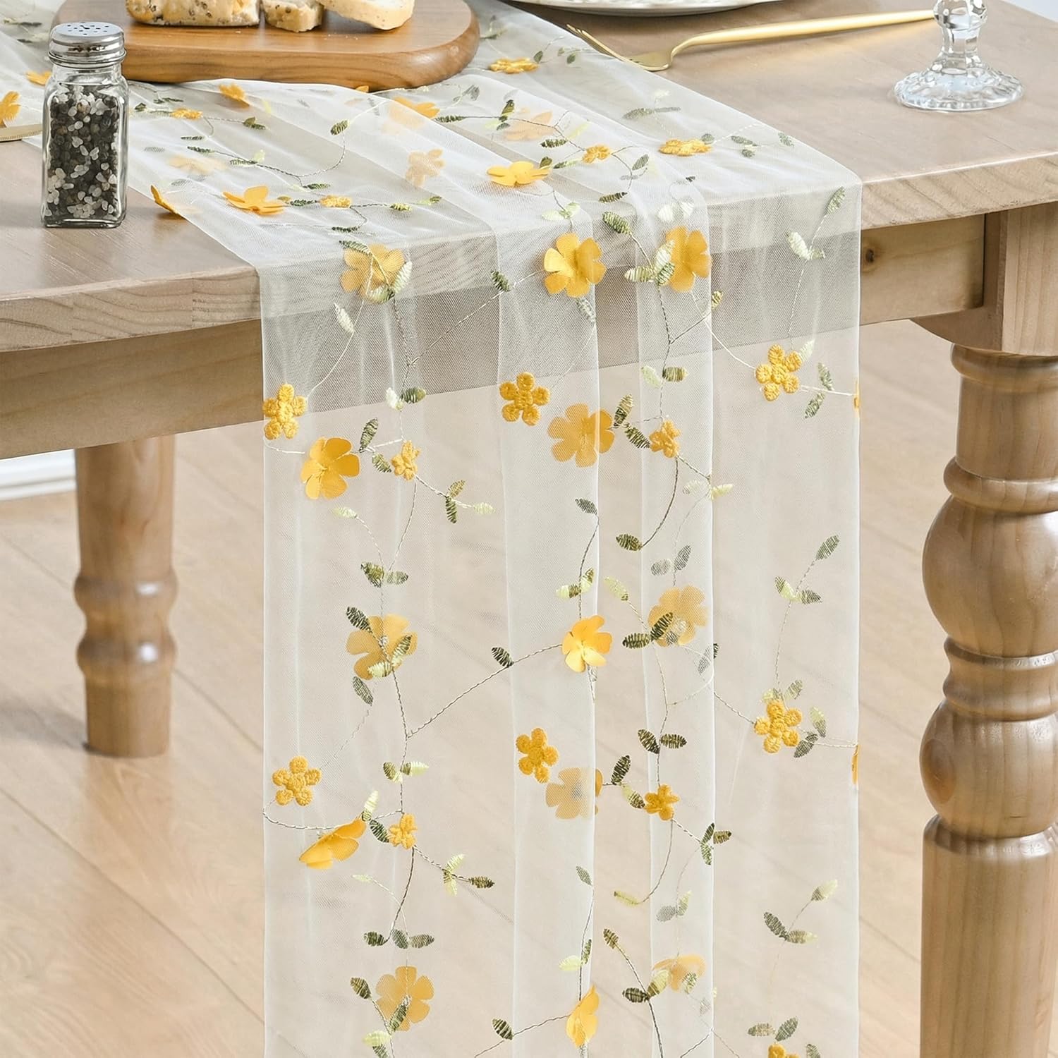 Amazon.com: Artoid Mode Yellow 3D Flower Gauze Embroidery Table Runner ...