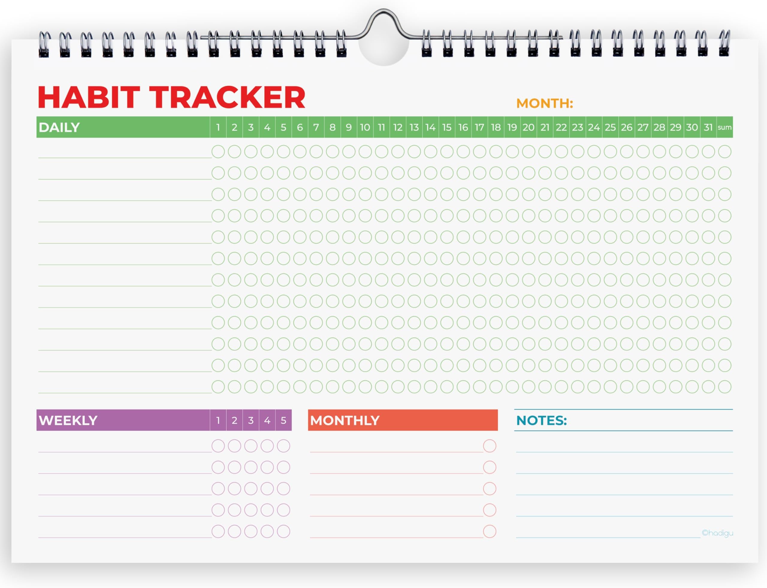 Hadigu Habit Tracker Calendar (Undated 12 Month) with Spiral Bound and ...