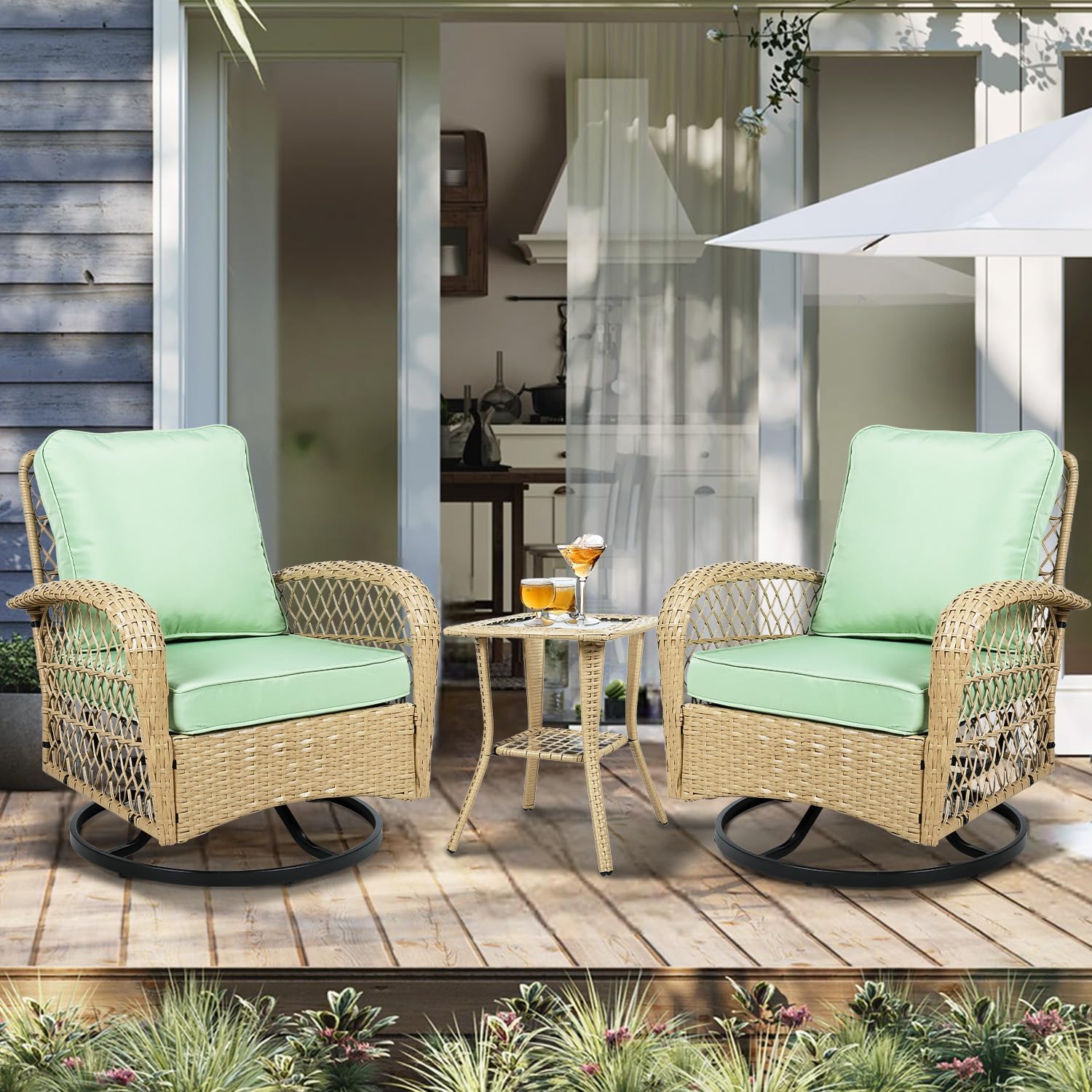 Amazon.com : 3 Pieces Patio Furniture Set,Outdoor Rattan Swivel Glider ...