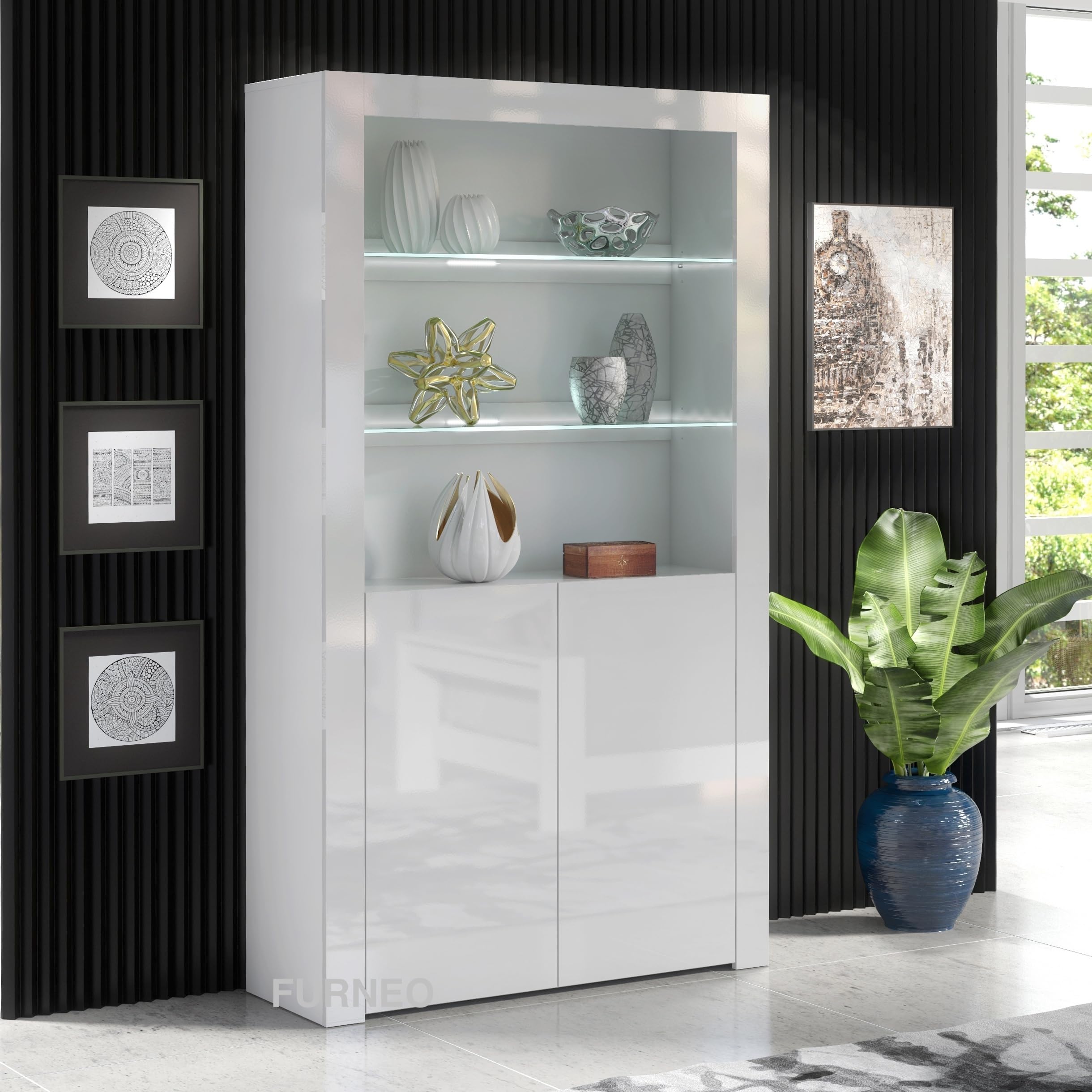 Furneo White Display Cabinet Modern High Gloss &Matt 2-Door Cupboard ...