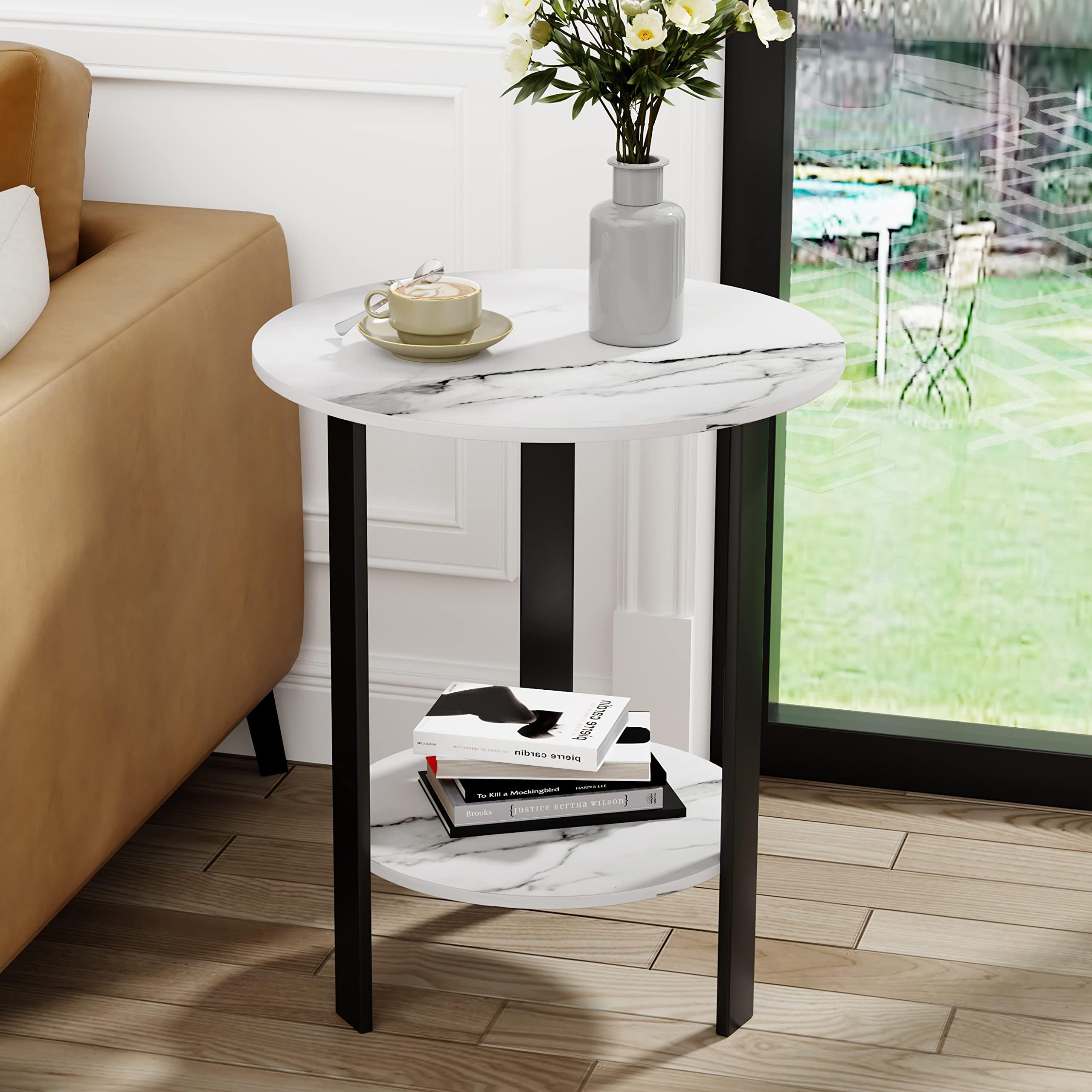 Amazon.com: Marble Side Table End with Shelves Black Frame Modern ...