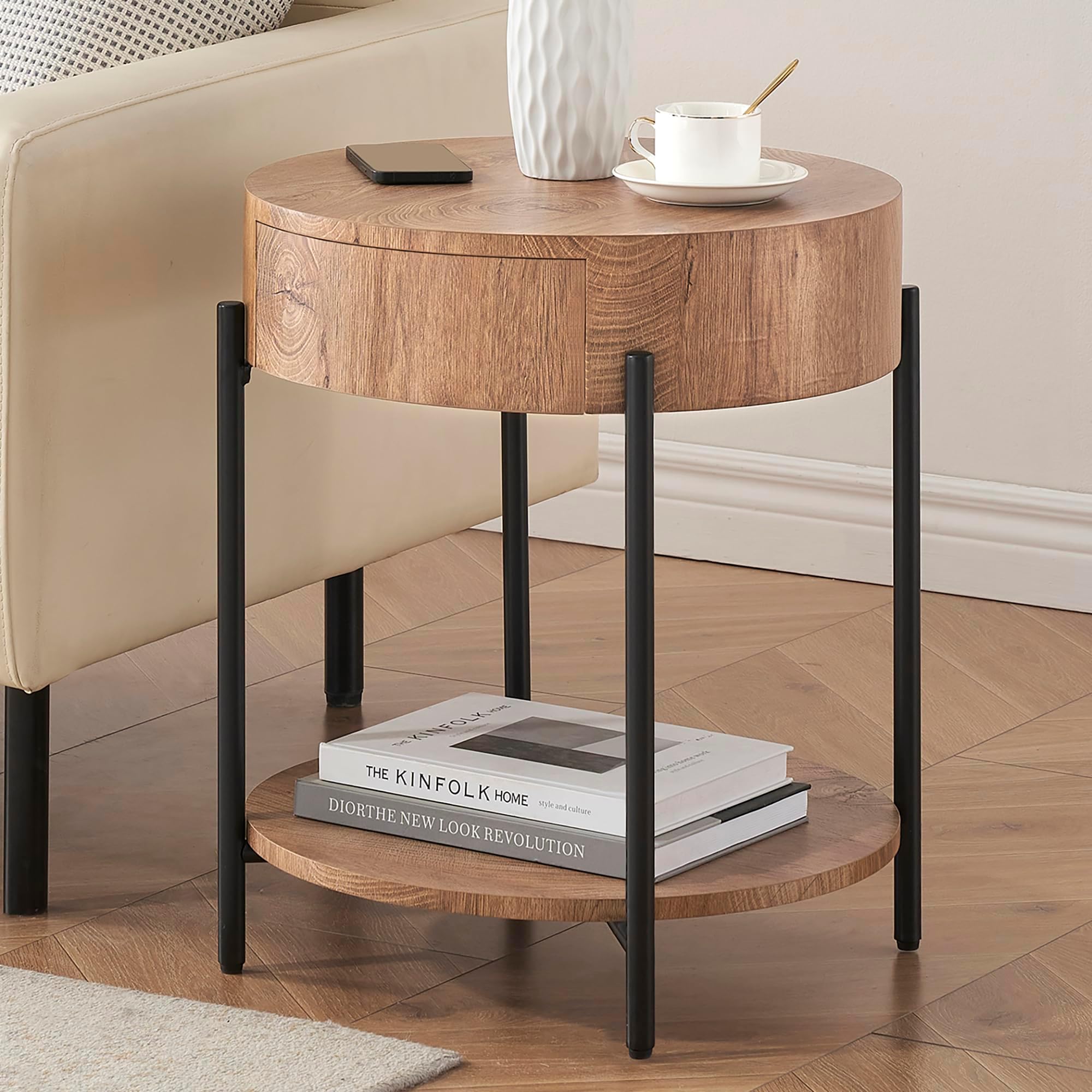 Amazon.com: IDEALHOUSE Round End Table with Drawer Farmhouse Side Table ...