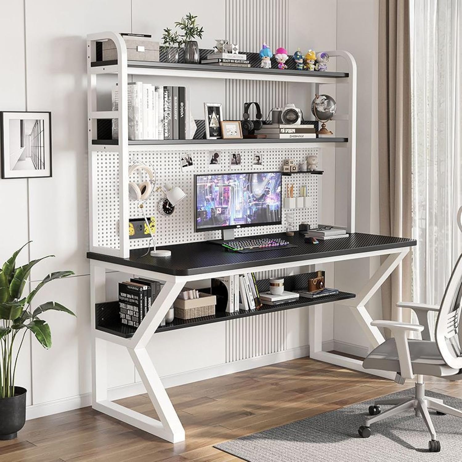 Amazon.co.jp: Computer Desk with Bookshelf and Pegboard Home Office ...