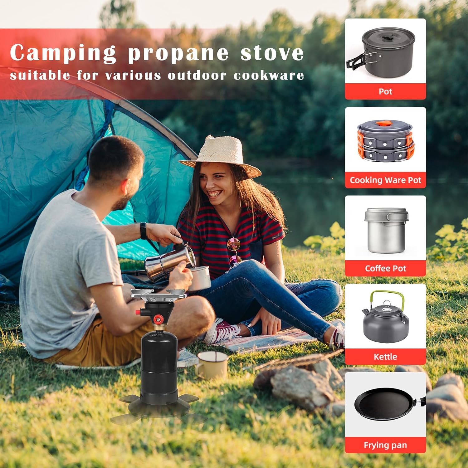 DOMINOX Portable Propane Camping Stove with Button Starter, 10,000 BTU Burner Propane Stove ...