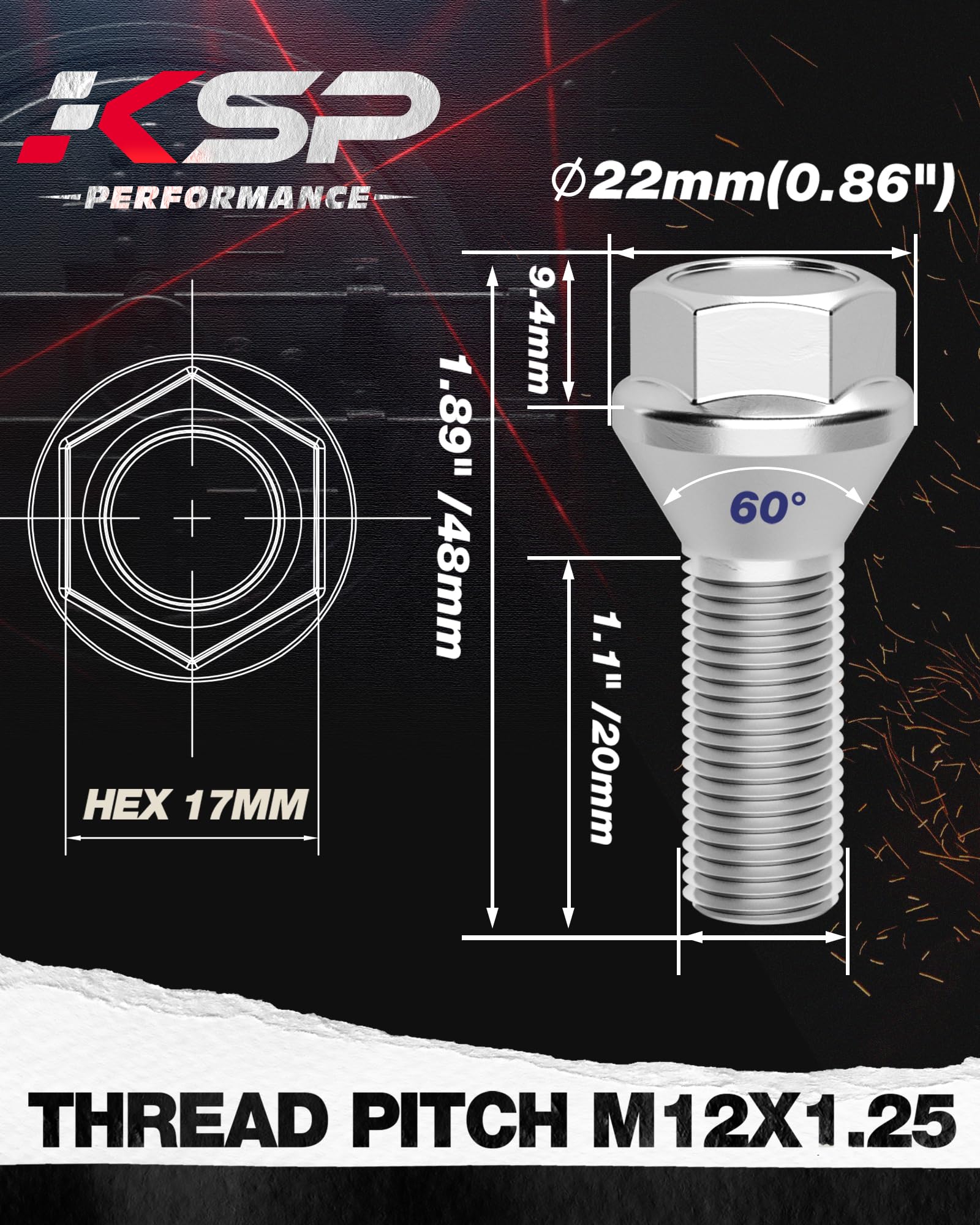 KSP M12X1.25 Wheel Studs Lug Nuts, Pack 20 pcs Shank Length 28mm ...