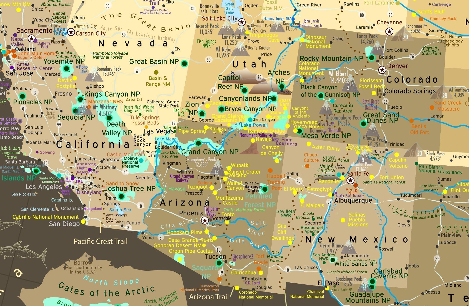 Explore America USA Map with National Parks, Landmarks, Highest Peak by ...