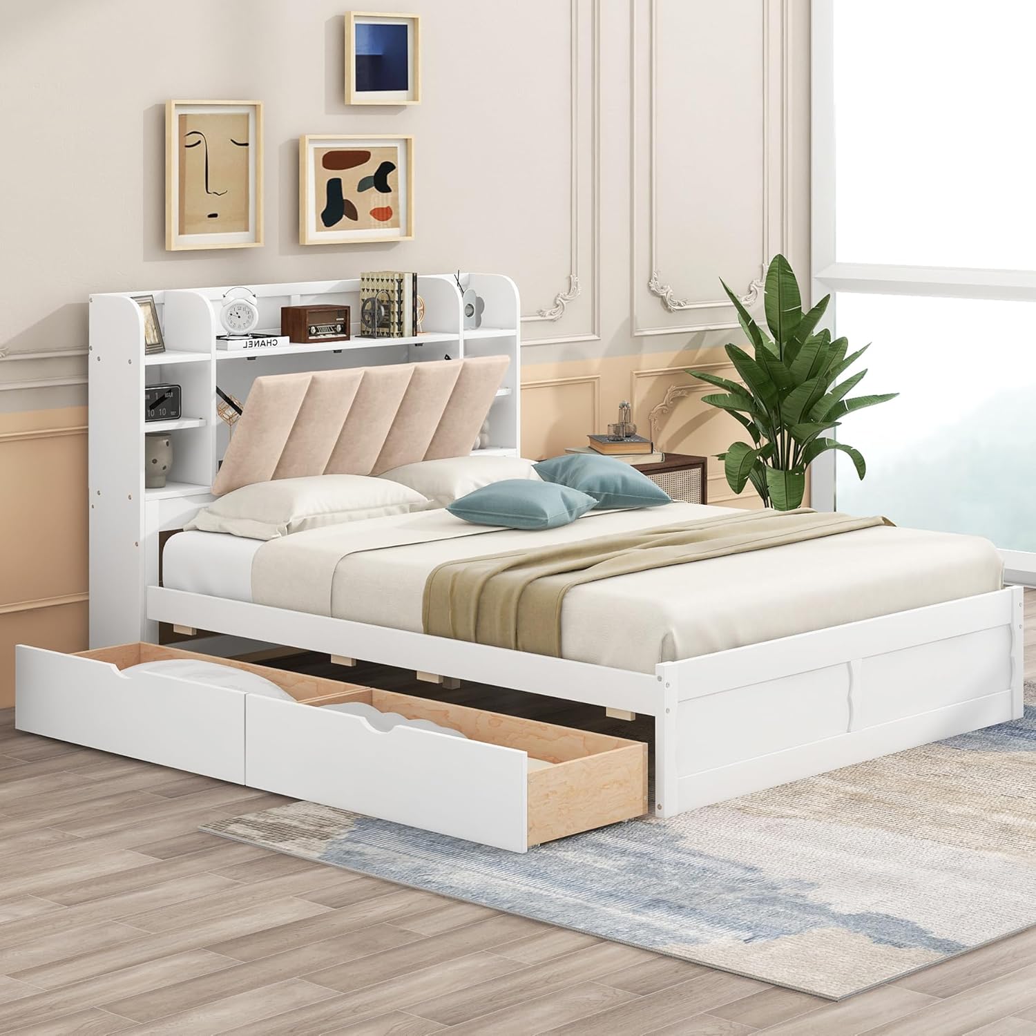 Amazon.com: Queen Size Wood Platform Bed Panel Bed w/Tufted Bookcase ...