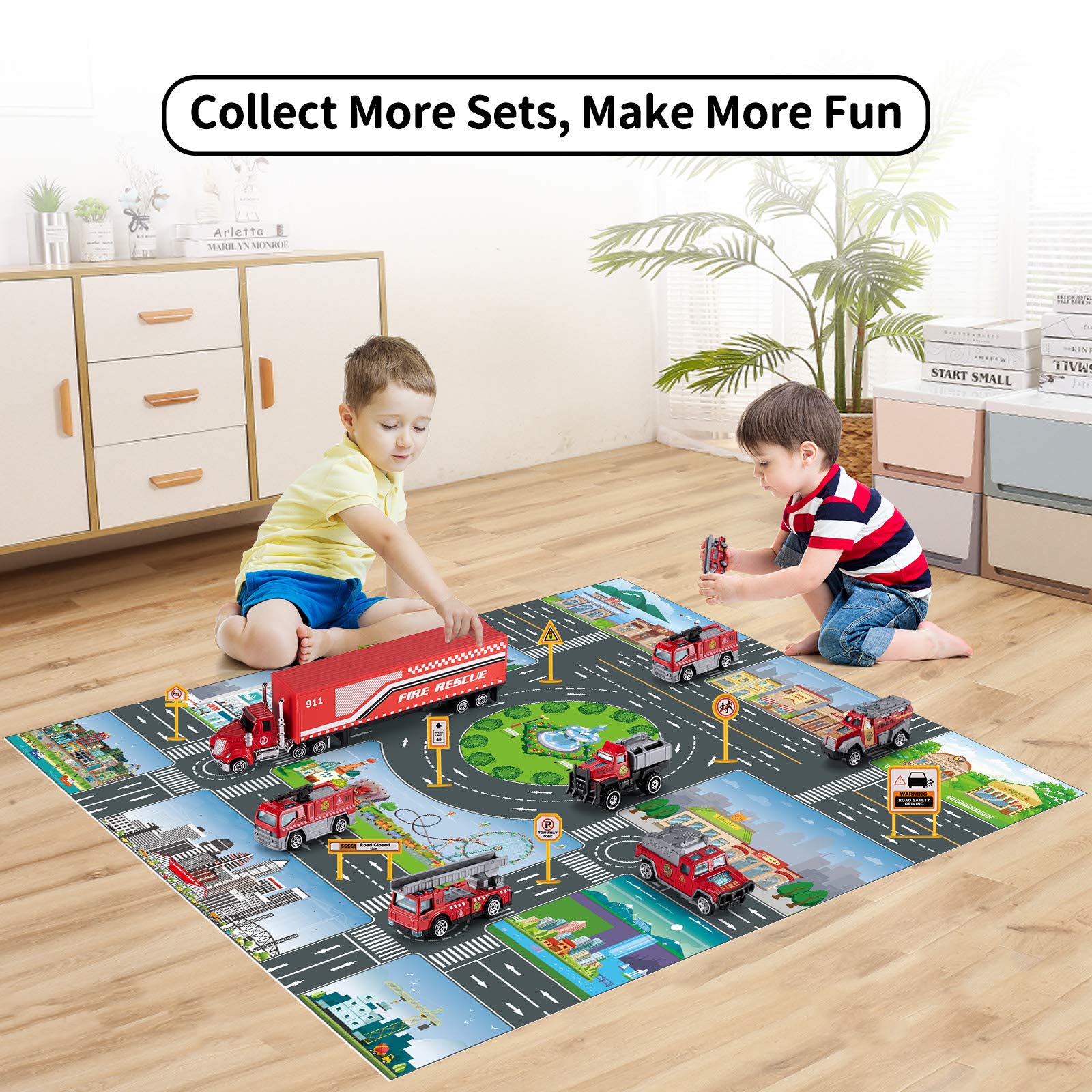 Buy TEMI Diecast Emergency Fire Rescue Vehicle Toy Set w/ Play Mat ...