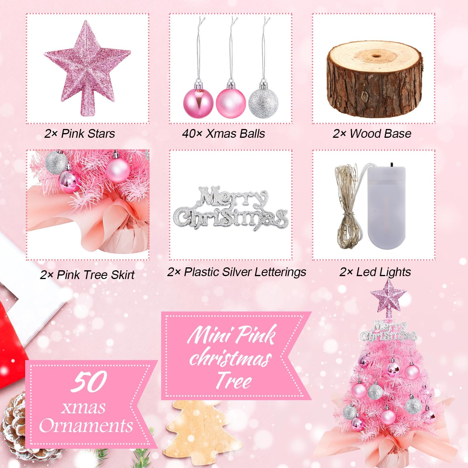 Syhood 2 Pack Mini Pink Christmas Tree Set Tabletop Christmas Tree ...