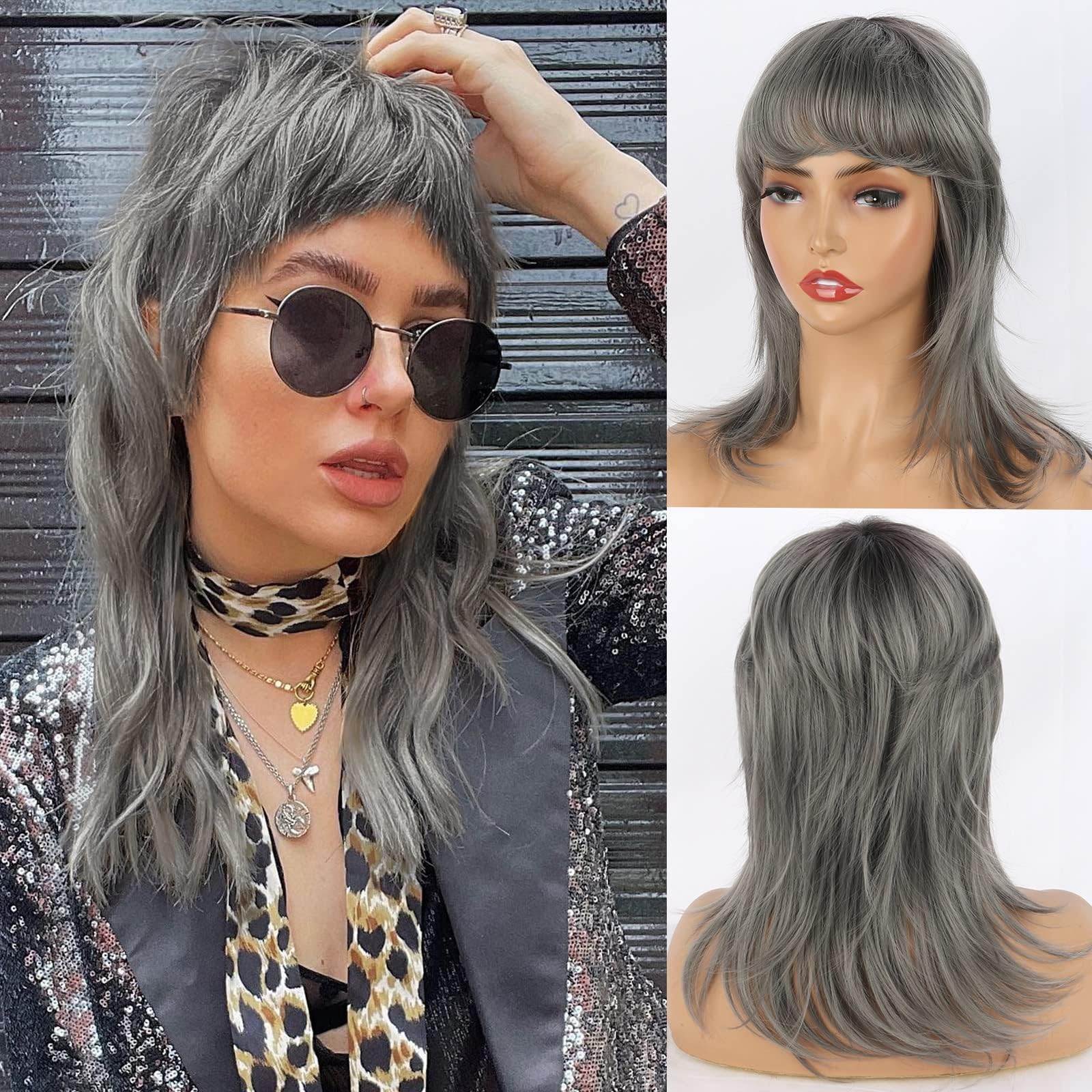 Amazon.com : Sabosi Long Grey Mullet Wig for Women with Bangs 90s 80s ...