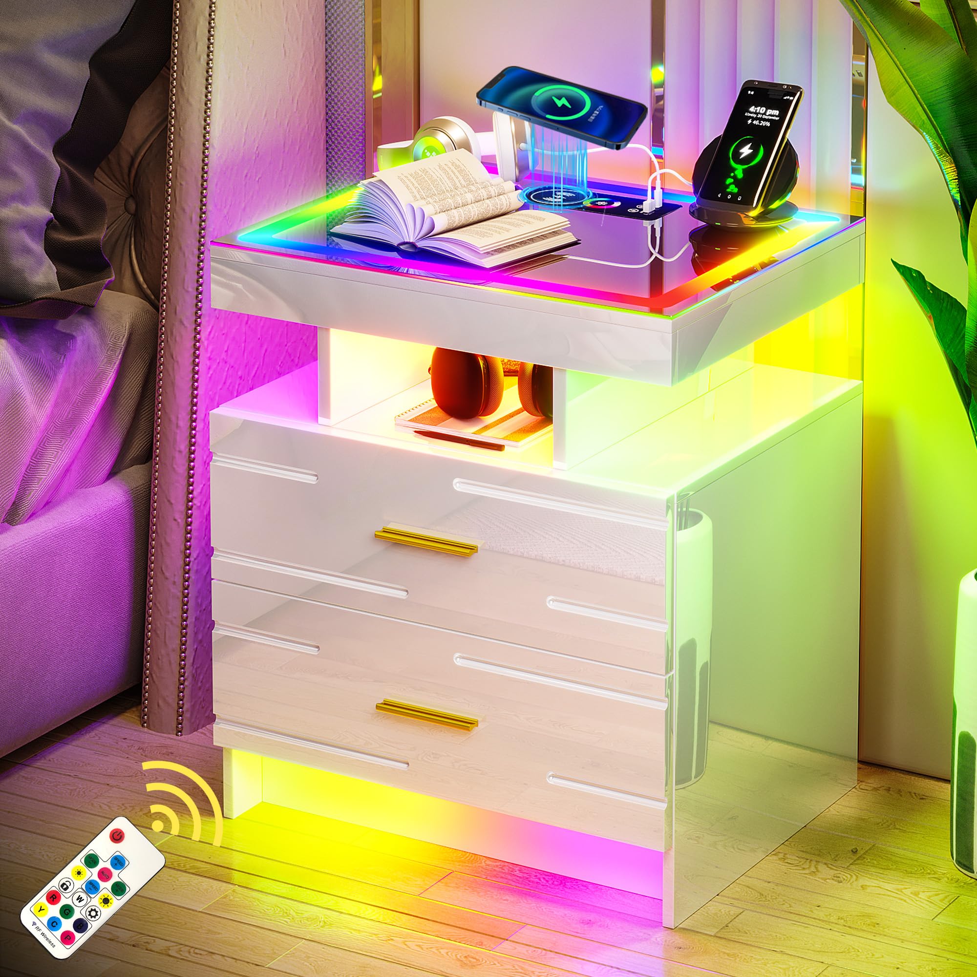 Amazon.com: FOMNEY RGB LED Nightstand with Charging Station, White ...
