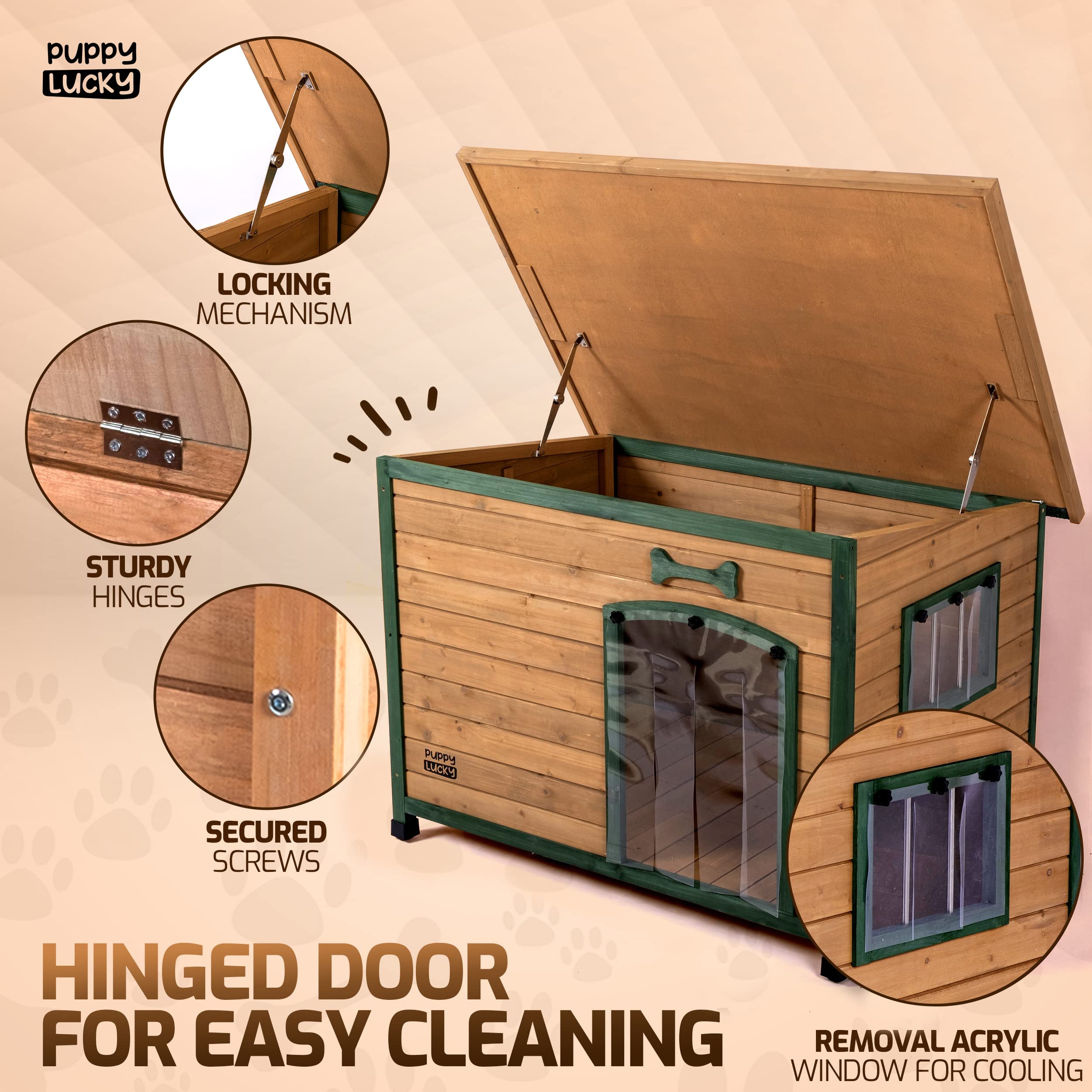 PUPPYLUCKY Wooden Dog House Outdoor | Weatherproof Outdoor Dog House | Insulated Dog House with ...