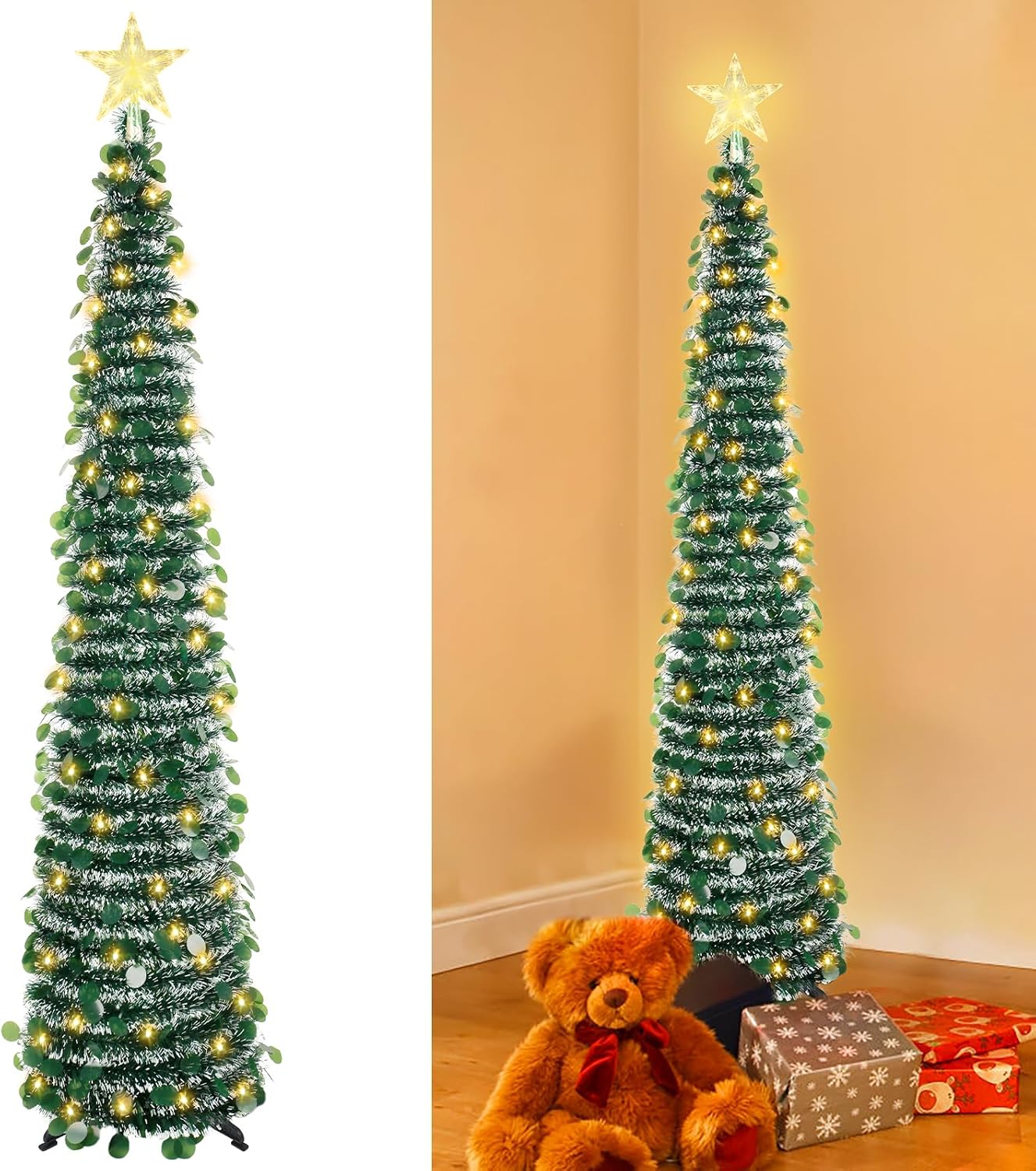 Pop Up Christmas Tree, 150cm/5ft Collapsible Artificial Tinsel Xmas ...