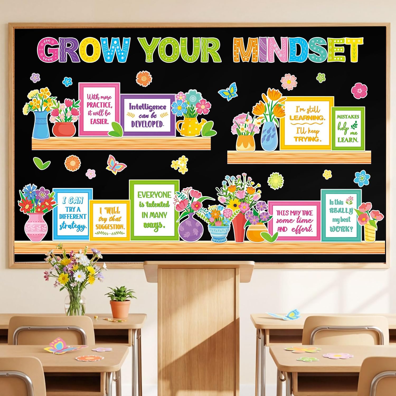 Amazon.com : Qilery Growth Mindset Bulletin Board Set - Spring Floral ...