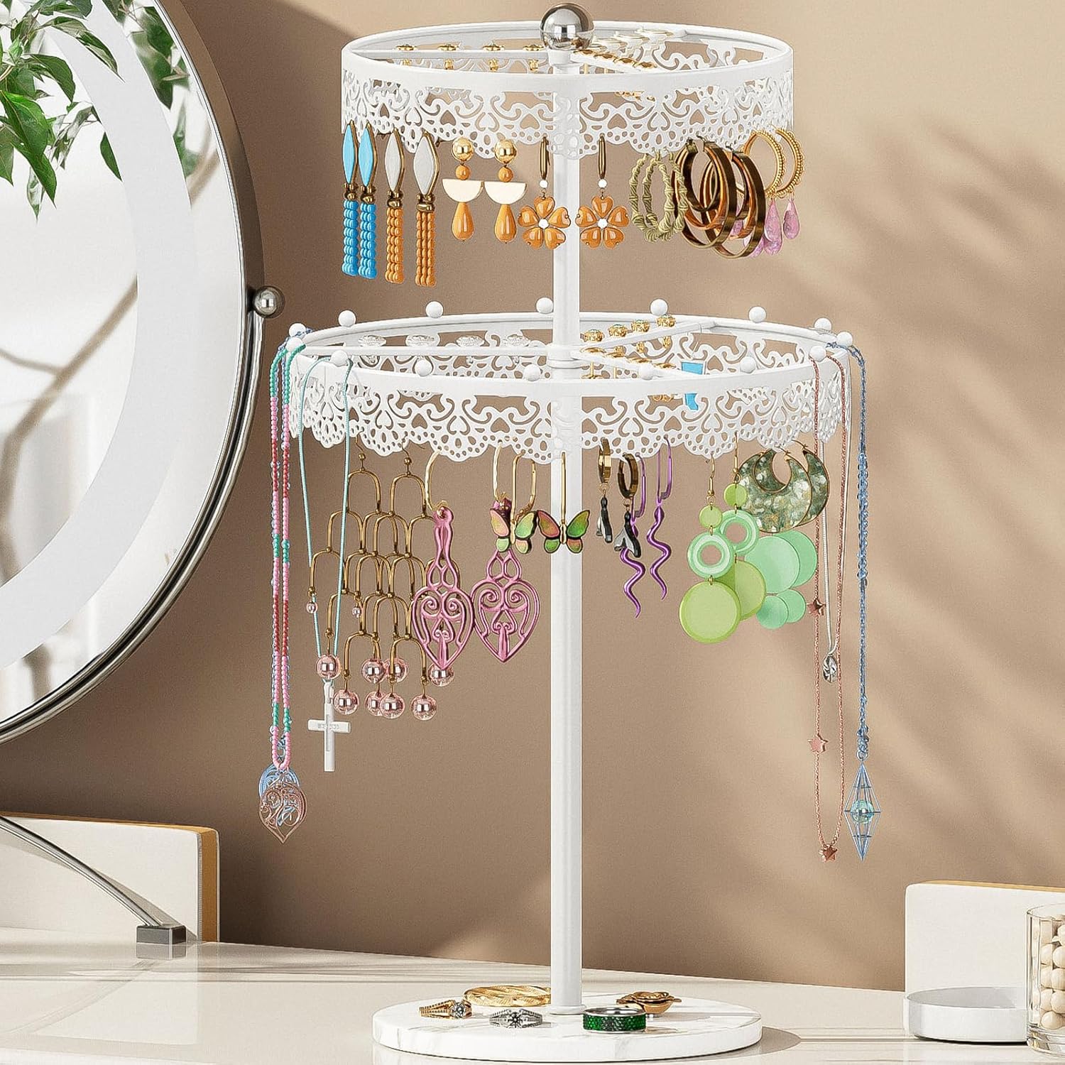 YIUKEA Rotating Earring Holder Organizer - 2 Tier Earring Stand Rack ...