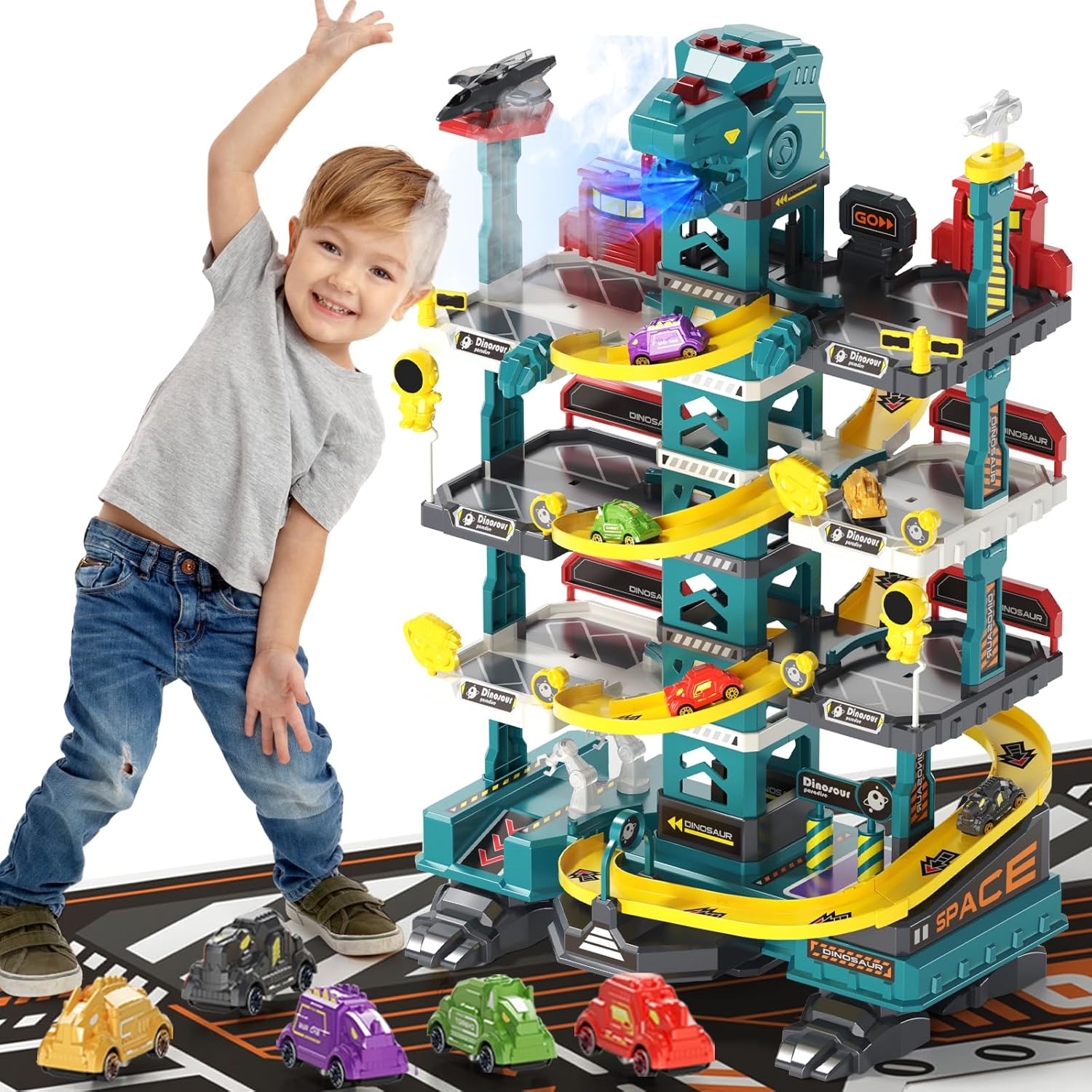 Amazon.com: Pupu Pig Kids Dinosaur Toys for Boys - Large Race Track Car ...