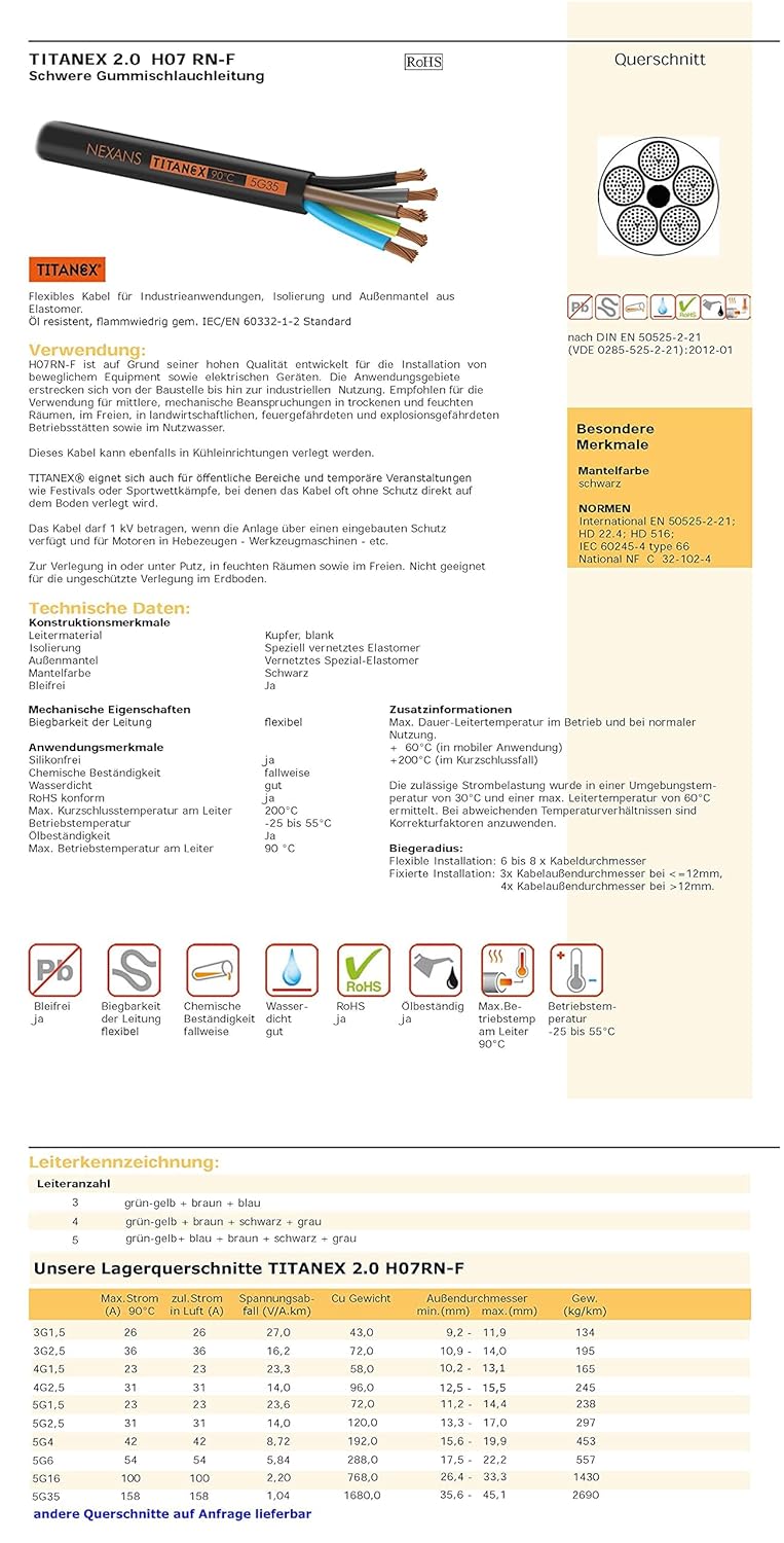 TITANEX Kabel H07RN-F 5x6,0 mm² (5G6) Baustellenkabel, Industriekabel ...