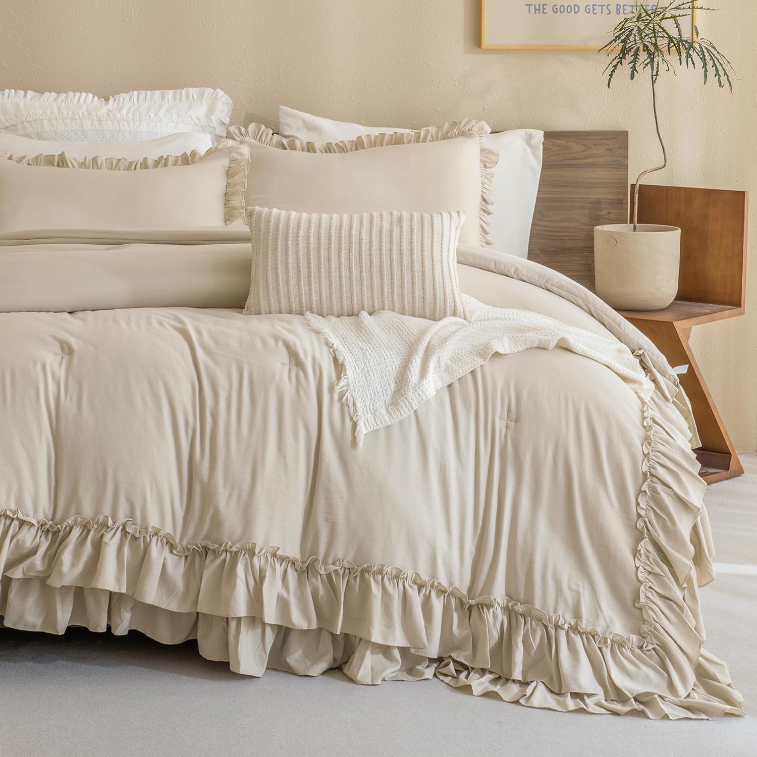 Amazon.com: QSH Wheat Comforter King Size for Bed, Shabby Ruffle Chic ...