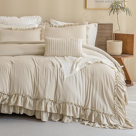 Amazon.com: QSH Shabby Ruffled Comforter Queen Size, Farmhouse Wheat ...