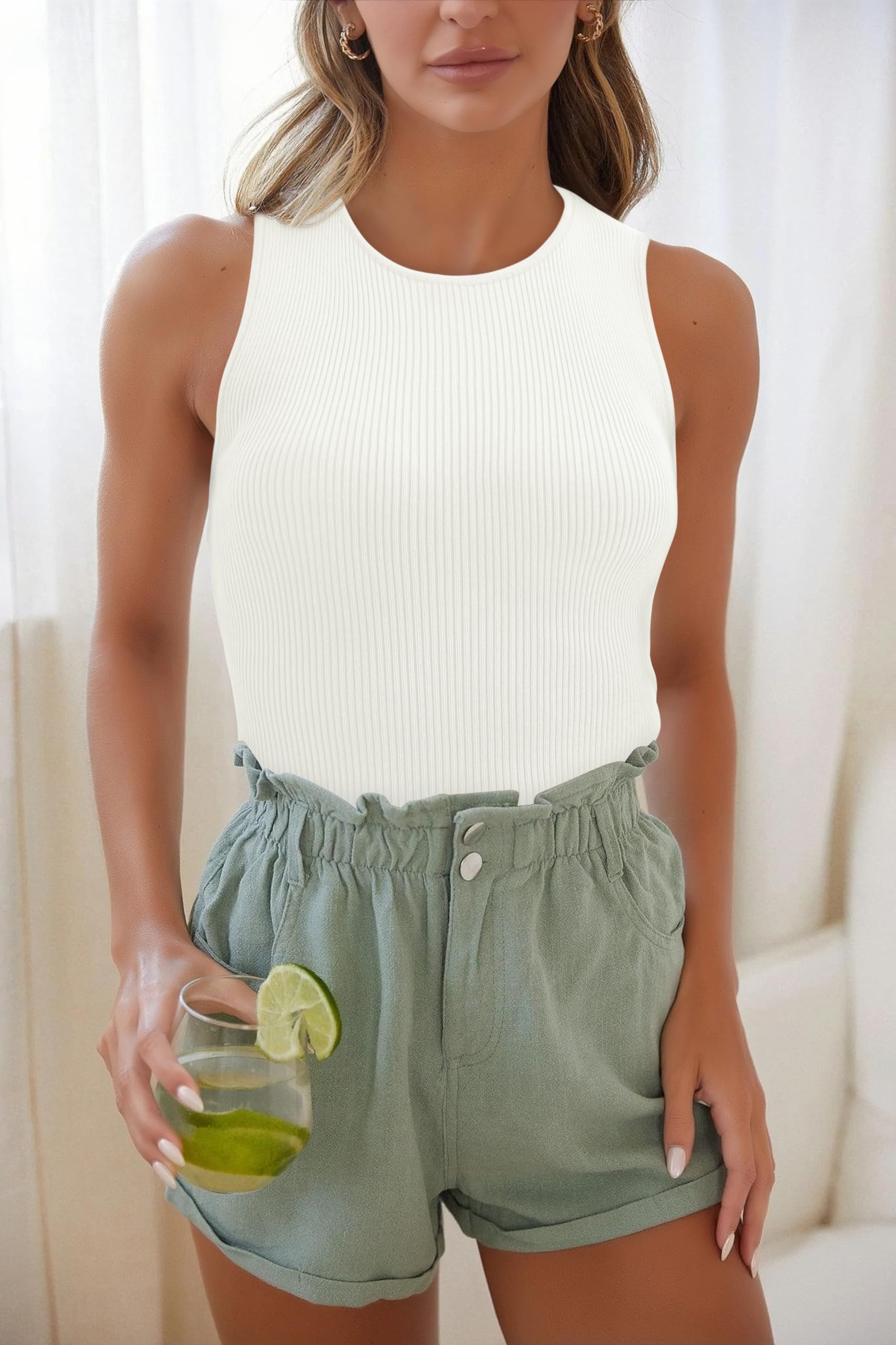 SAMPEEL Womens Fashion Ribbed Shirts Sleeveless Work Tank Tops