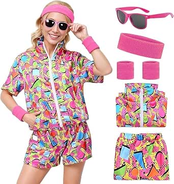 Amazon.com: Forfamy Women 80s Sportswear Set, 6Pcs Color Block ...