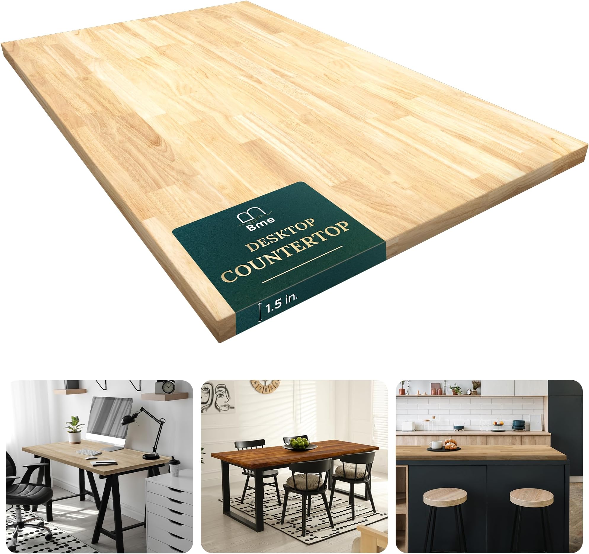 Amazon.com: Bme Hevea Solid Wood Butcher Block Table Top, Desk top ...