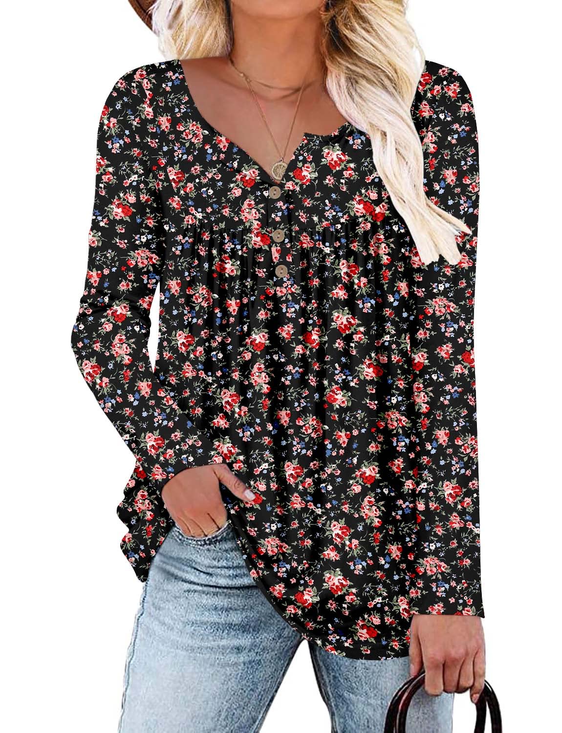 ROSELINLIN Womens Long Sleeve Tunic Tops Floral Fall Blouse Shirts at ...