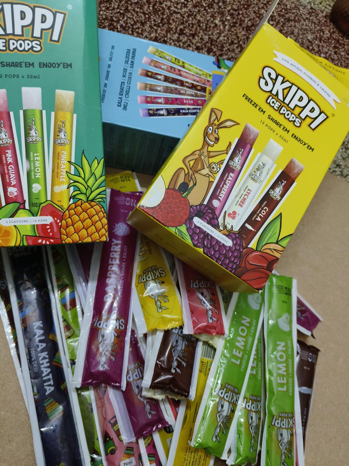 Skippi All Desi Flavour Ice Pops Box. Kala Khatta, Rose, Jaljeera, Imli ...