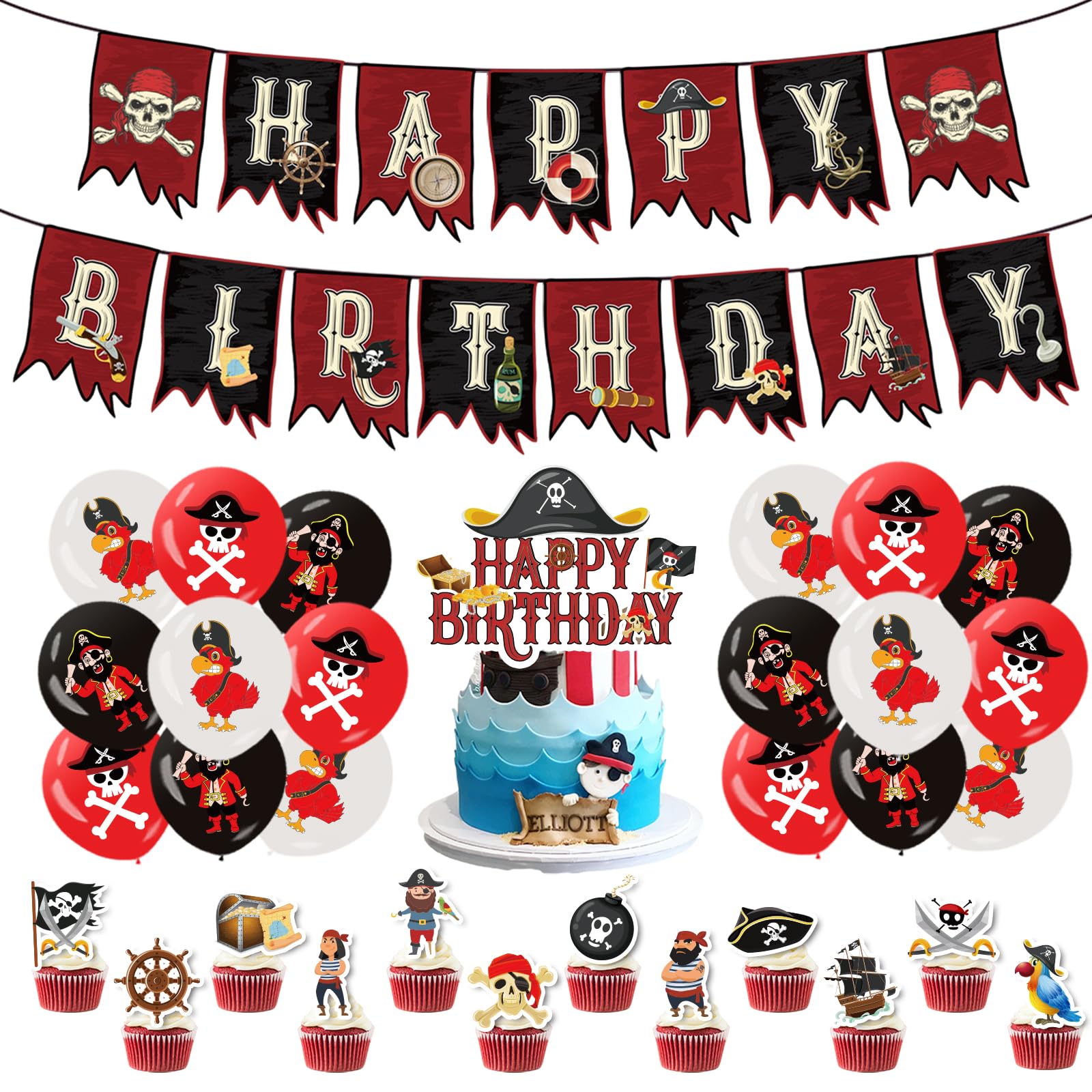 Amazon.com: 33 piece package Pirate Themed Happy Birthday Decorations ...