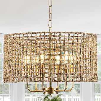 ElesiLuce Boho Rattan Gold Chandelier Light Fixture Vintage 6-Lights ...