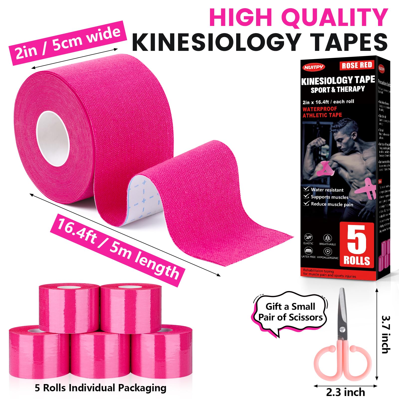 Snapklik.com : 5 Rolls Kinesiology Tape, 2 Inch X 16.4 Feet Waterproof ...