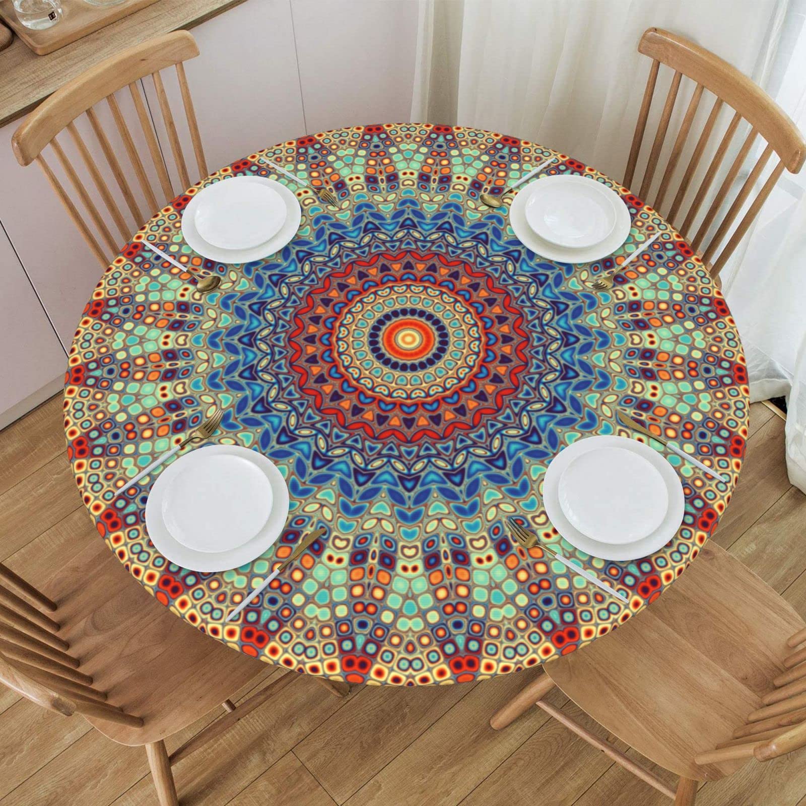 Amazon.com: Yilad Mandala Tablecloths Round Tablecloth Fitted Elastic ...
