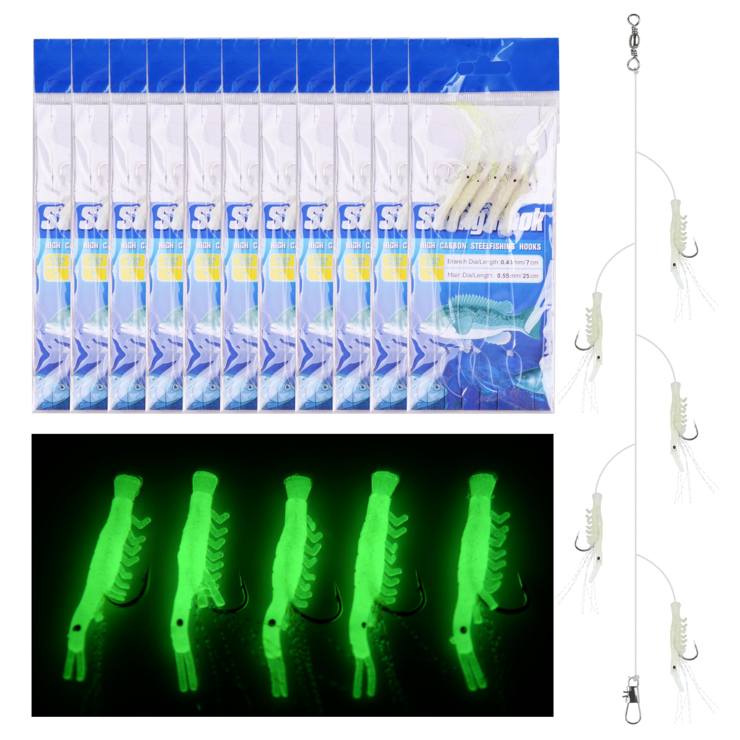 Amazon.com : 10 Packs Fishing Shrimp Lure Rigs Kit - Glow in The Dark ...