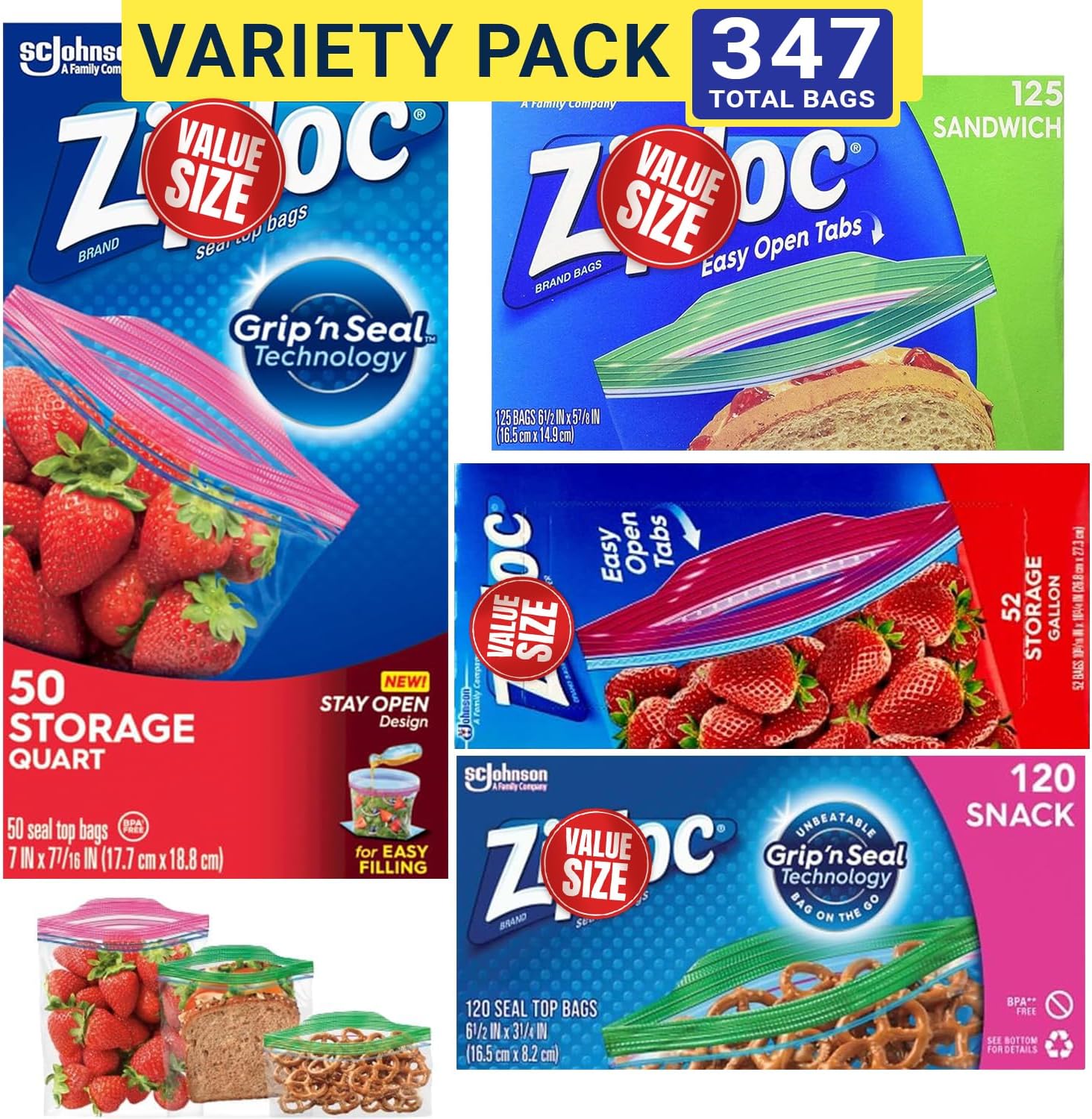 Amazon.com: Ziploc Variety Pack – 54 Freezer Quart Bags – 38 Freezer Gallon Bags – 125 Sandwich ...
