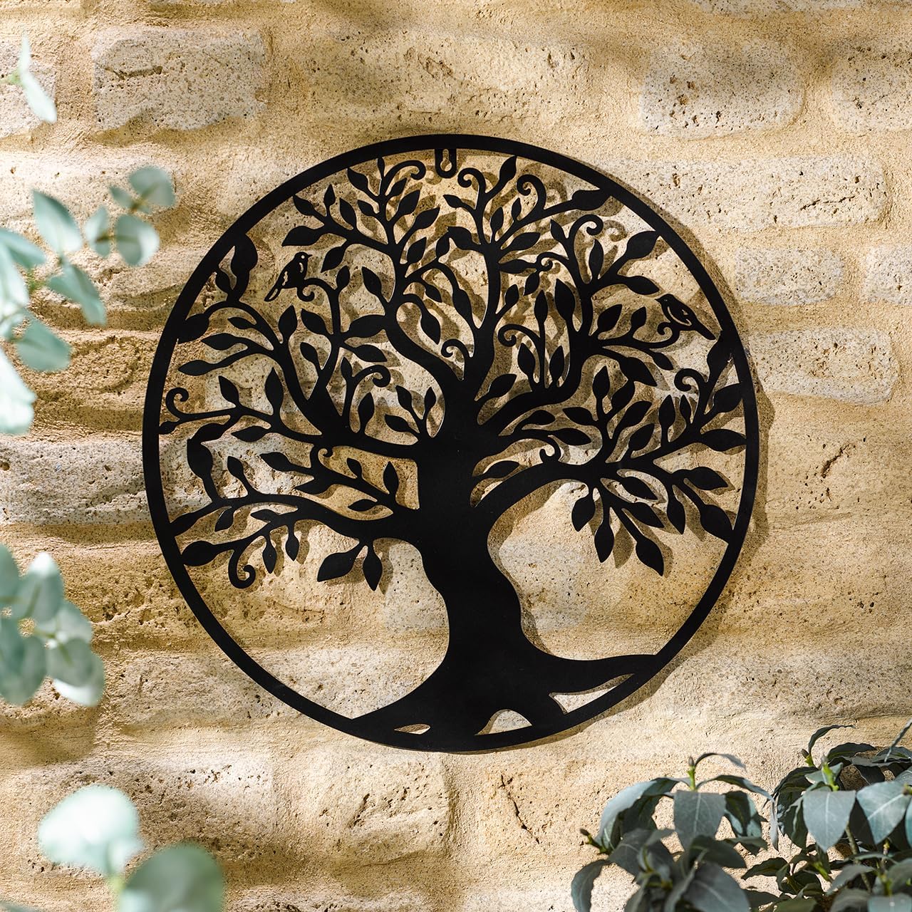 Annibells Large Rustic Metal Round Garden Wall Plaque - Tree with Green ...