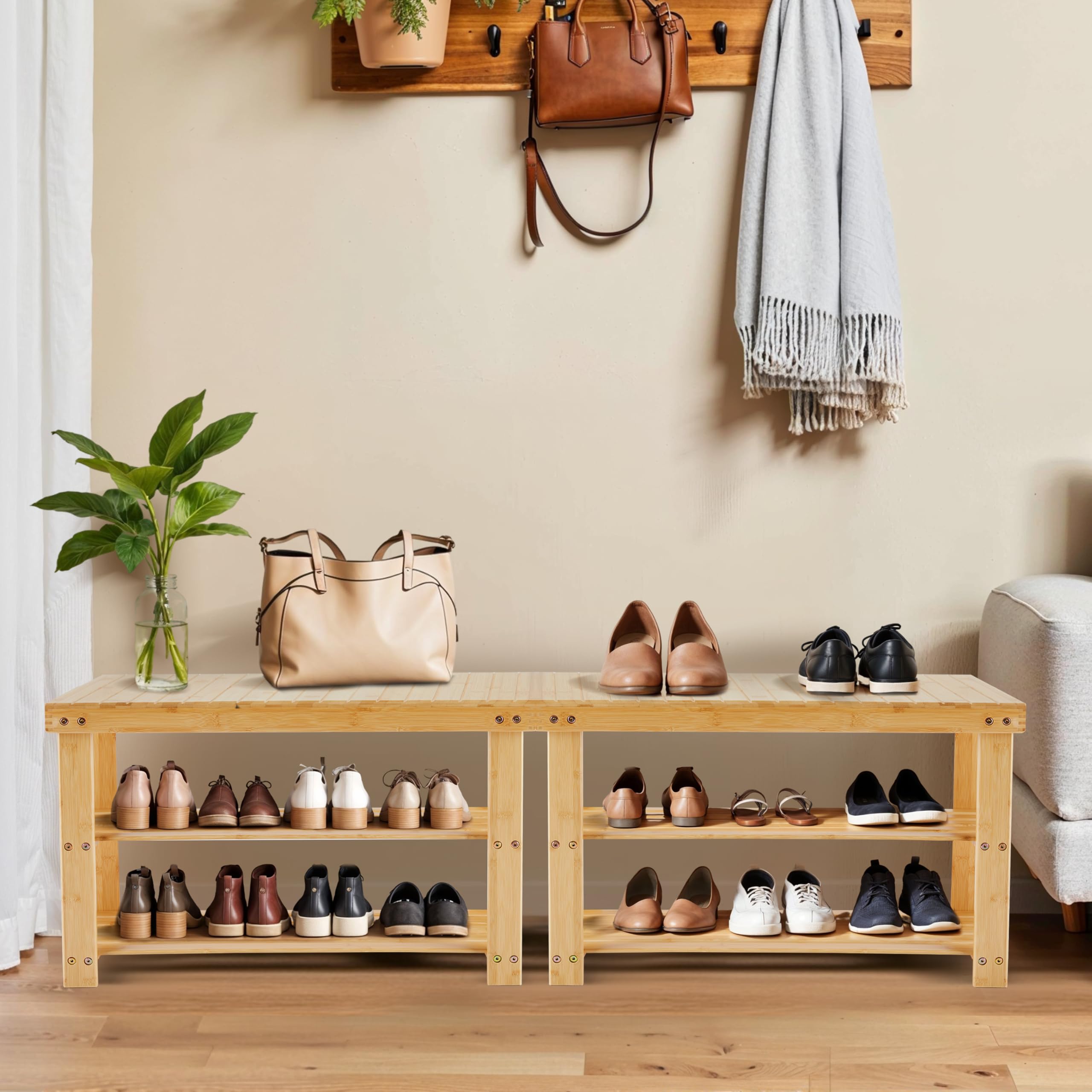 SONGMICS Shoe Rack Bench, 3-Tier Bamboo Shoe Storage Organizer Entryway ...
