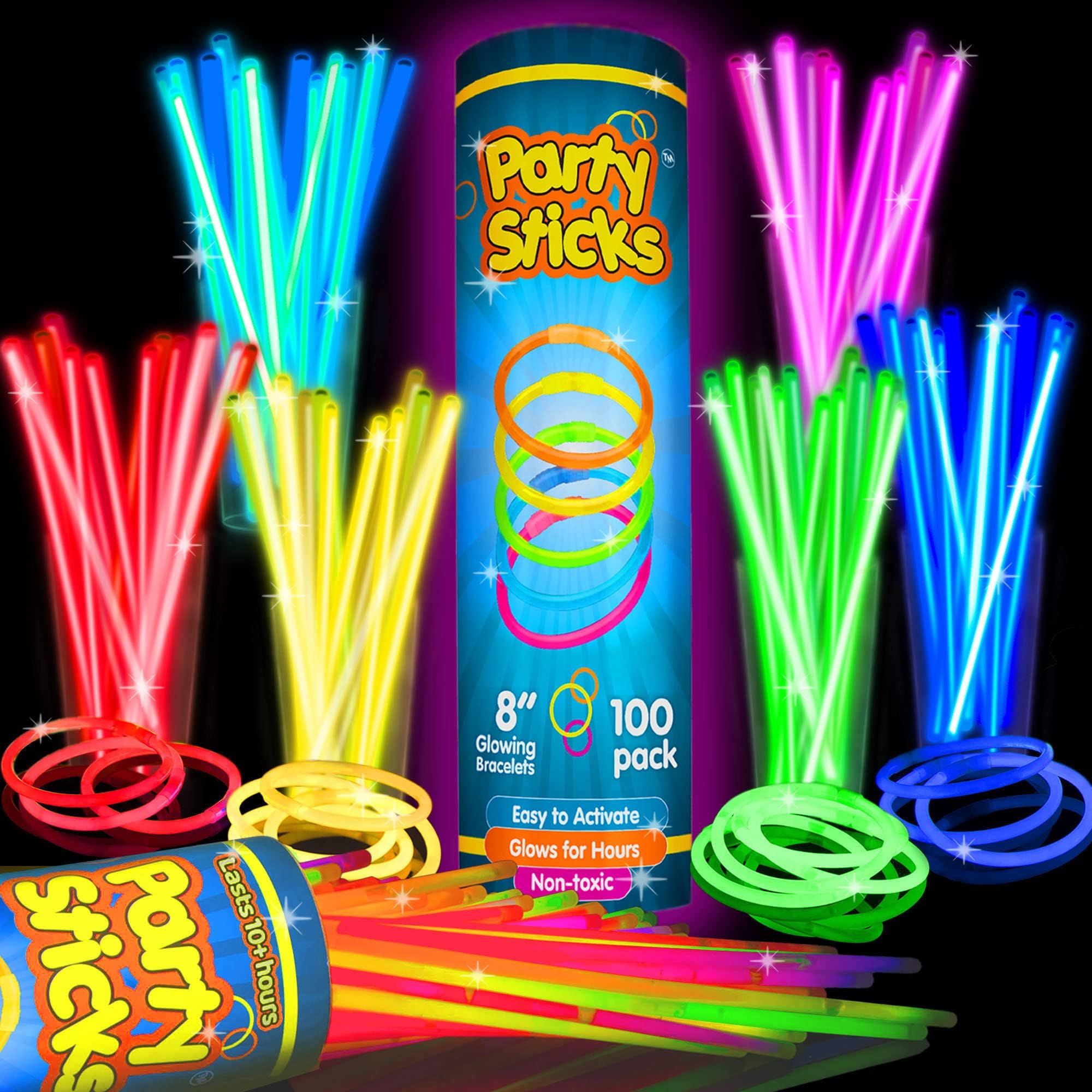 100 Count Bulk Assorted Glow Sticks in 5 Vibrant Shades (Pink, Green ...
