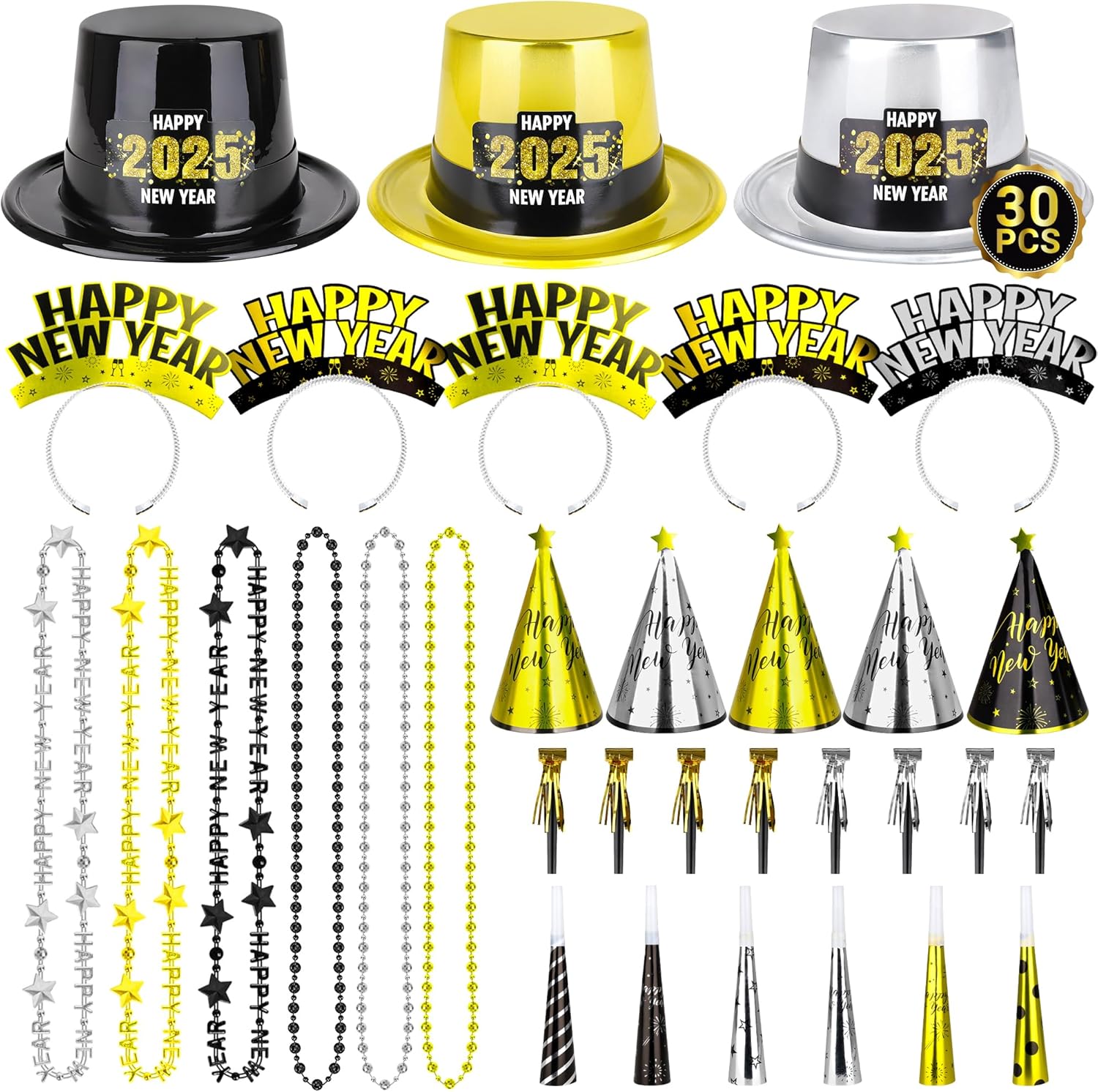 Amazon.com: 30PCS NYE Party Supplies for 12 Guests - Plastic Hats, 2025 ...