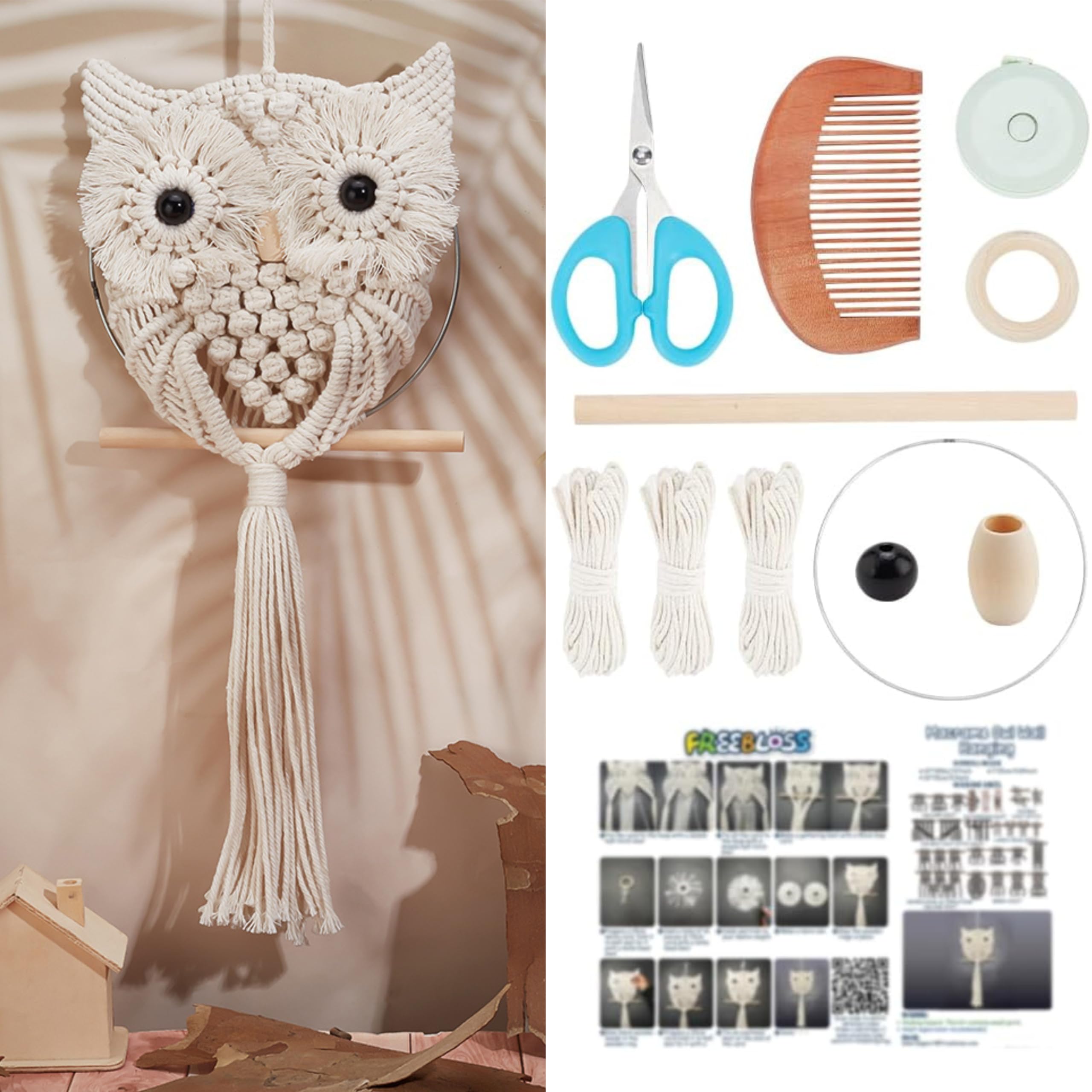 FREEBLOSS Macrame Owl Kit for Beginners Macrame Wall Hanging Kit DIY ...