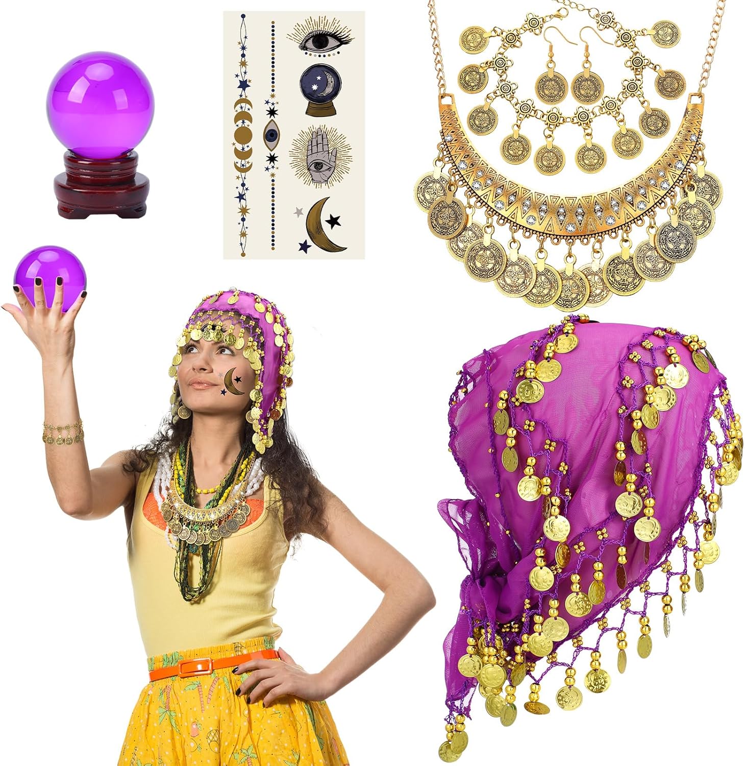 Amazon.com: 6 Pcs Halloween Gypsy Fortune Teller Costume Accessories ...