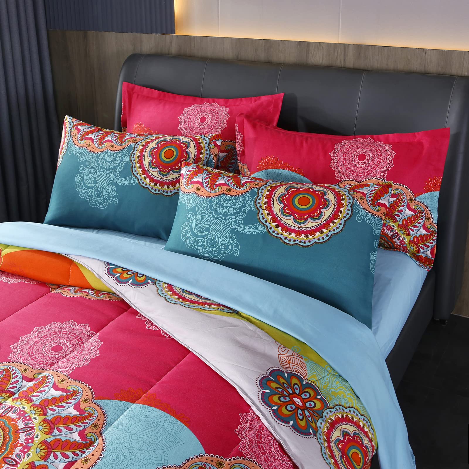 Bohemian Bed in a Bag 7 Pieces Queen Size, Colorful Boho Style Red and ...