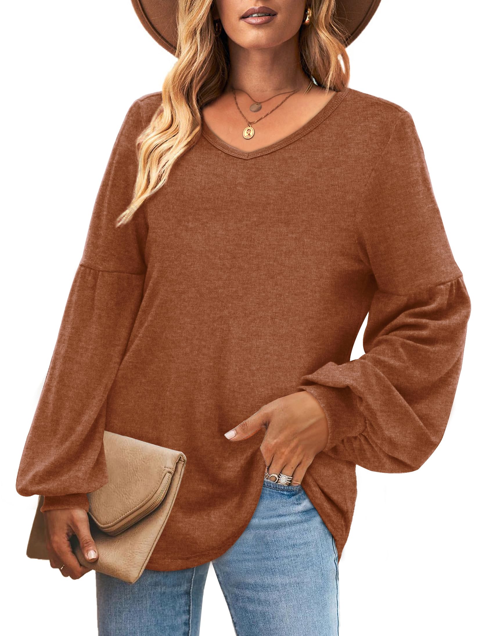 WIHOLL Shirts for Women V Neck Baggy Balloon Sleeve Oversized Tunic ...