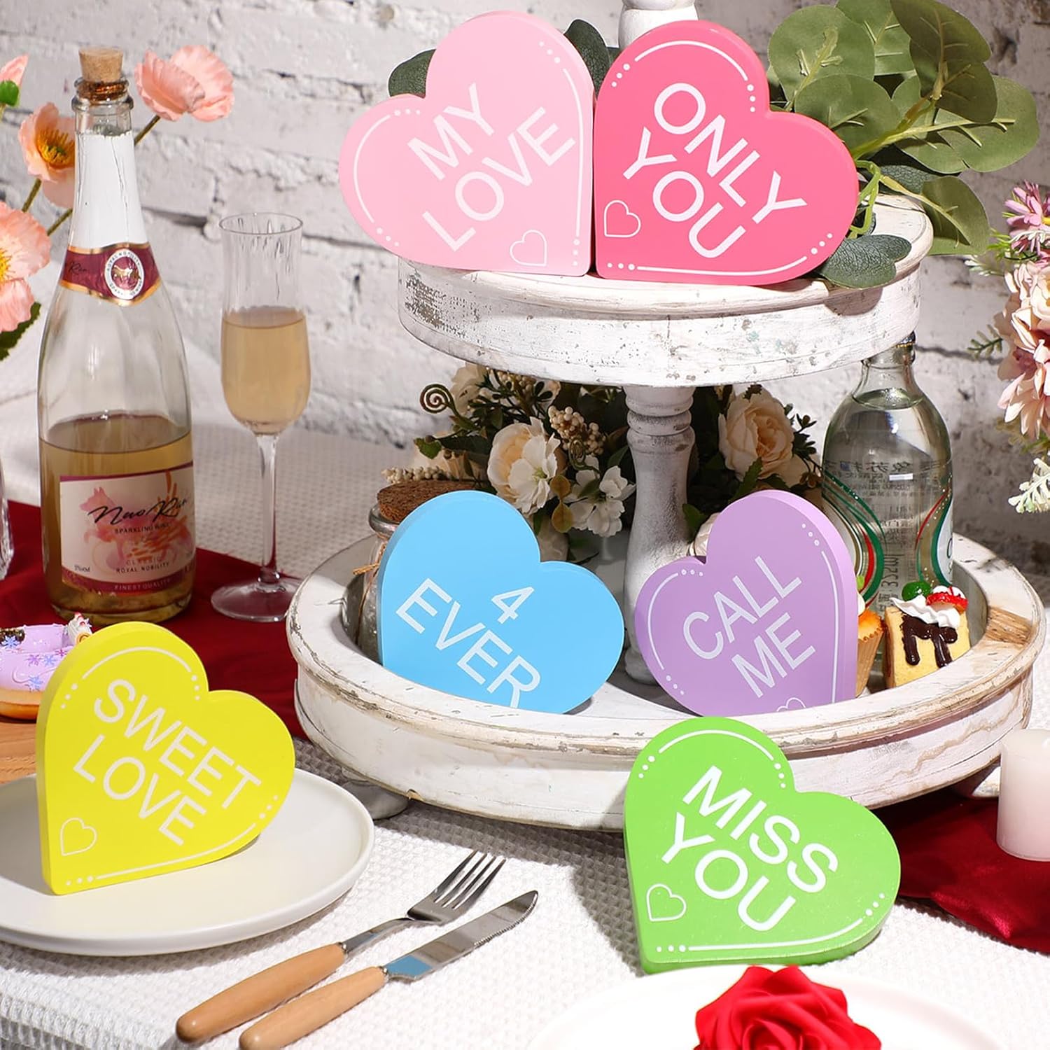 Amazon.com: 6 Pieces Valentine's Day Wooden Signs Colorful Heart Shaped ...